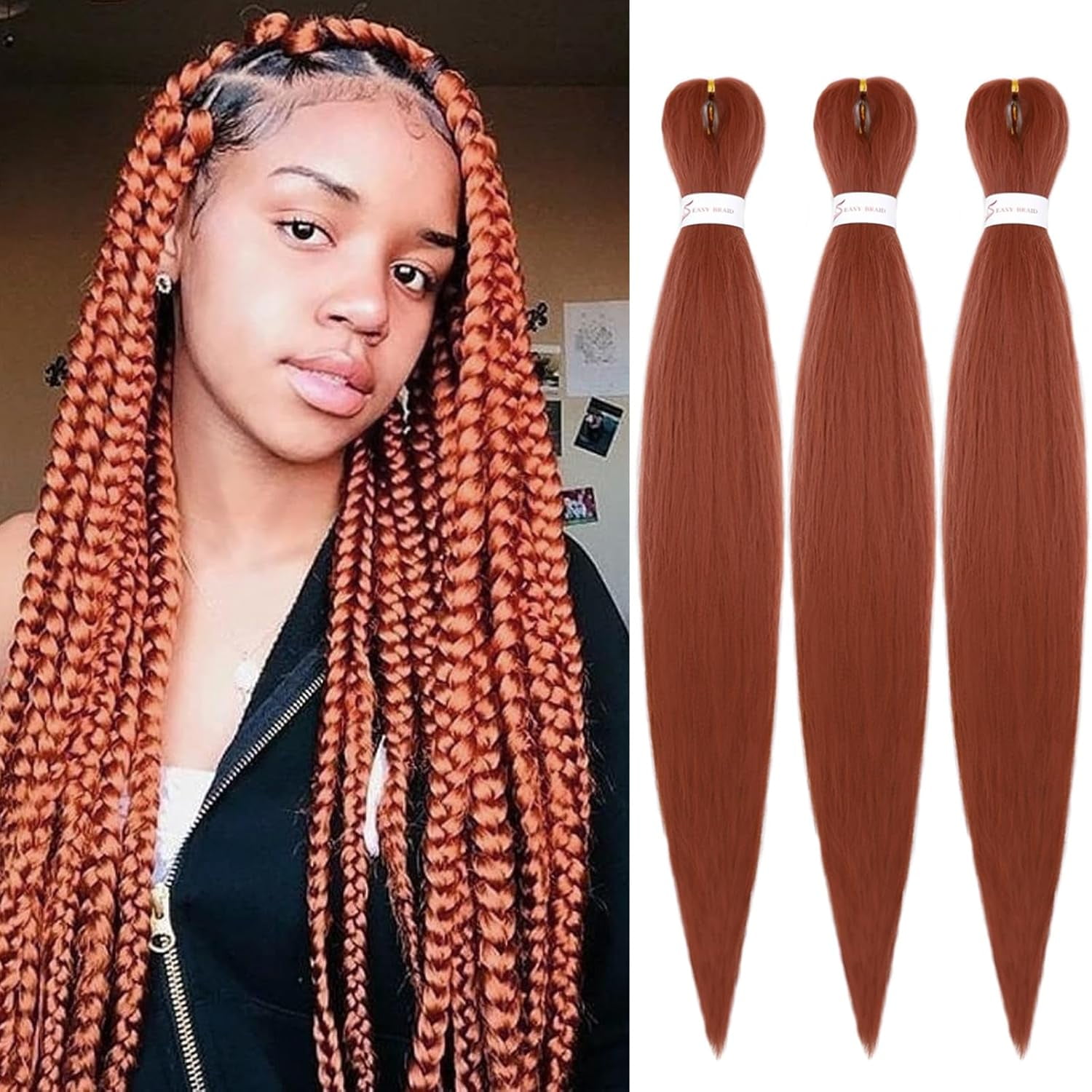 UKLL-3 packs Ginger Pre Stretched Braiding Hair 26 inch #350 Pre ...