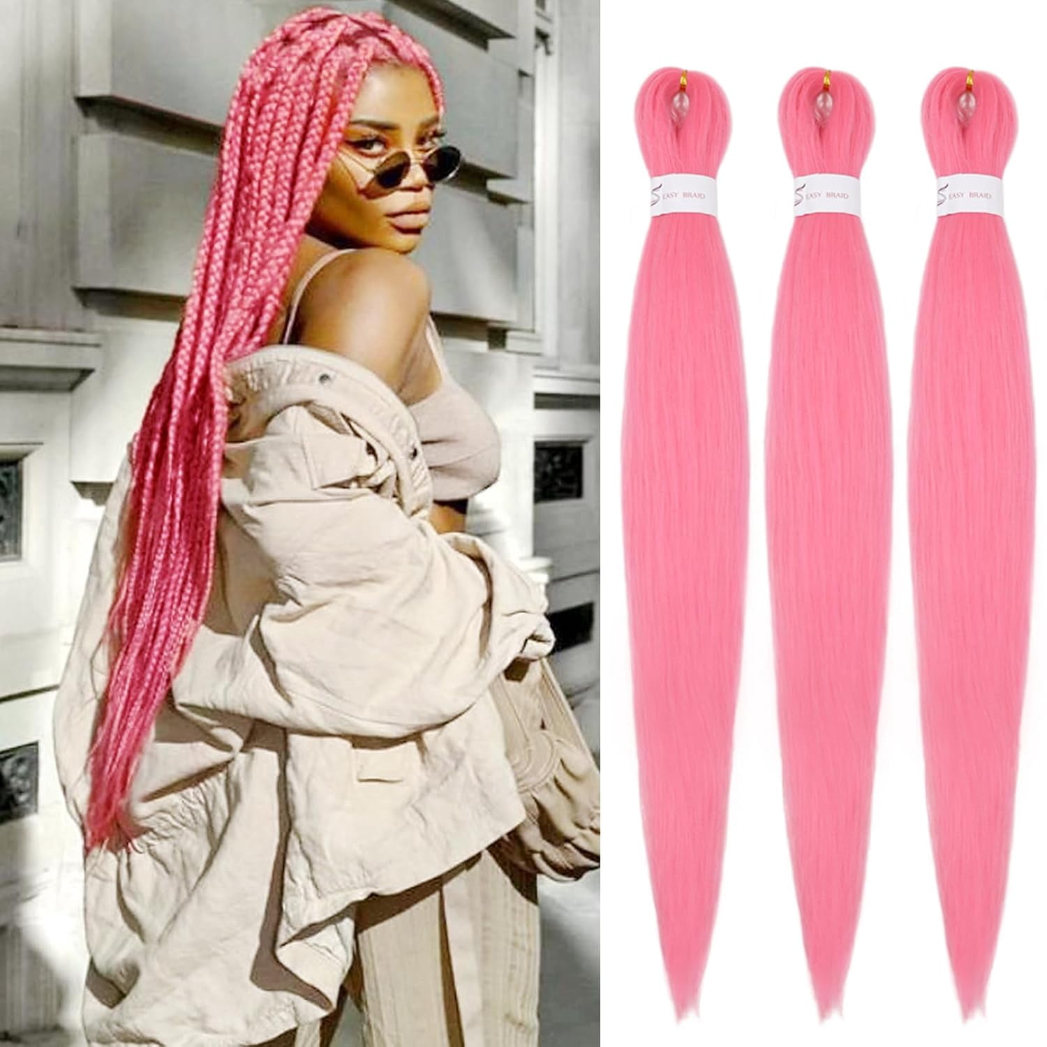 UKLL-3 packs Pink Braiding Hair Pre Stretched 30 inch Pre-Stretched Braids Hair Long Straight ...