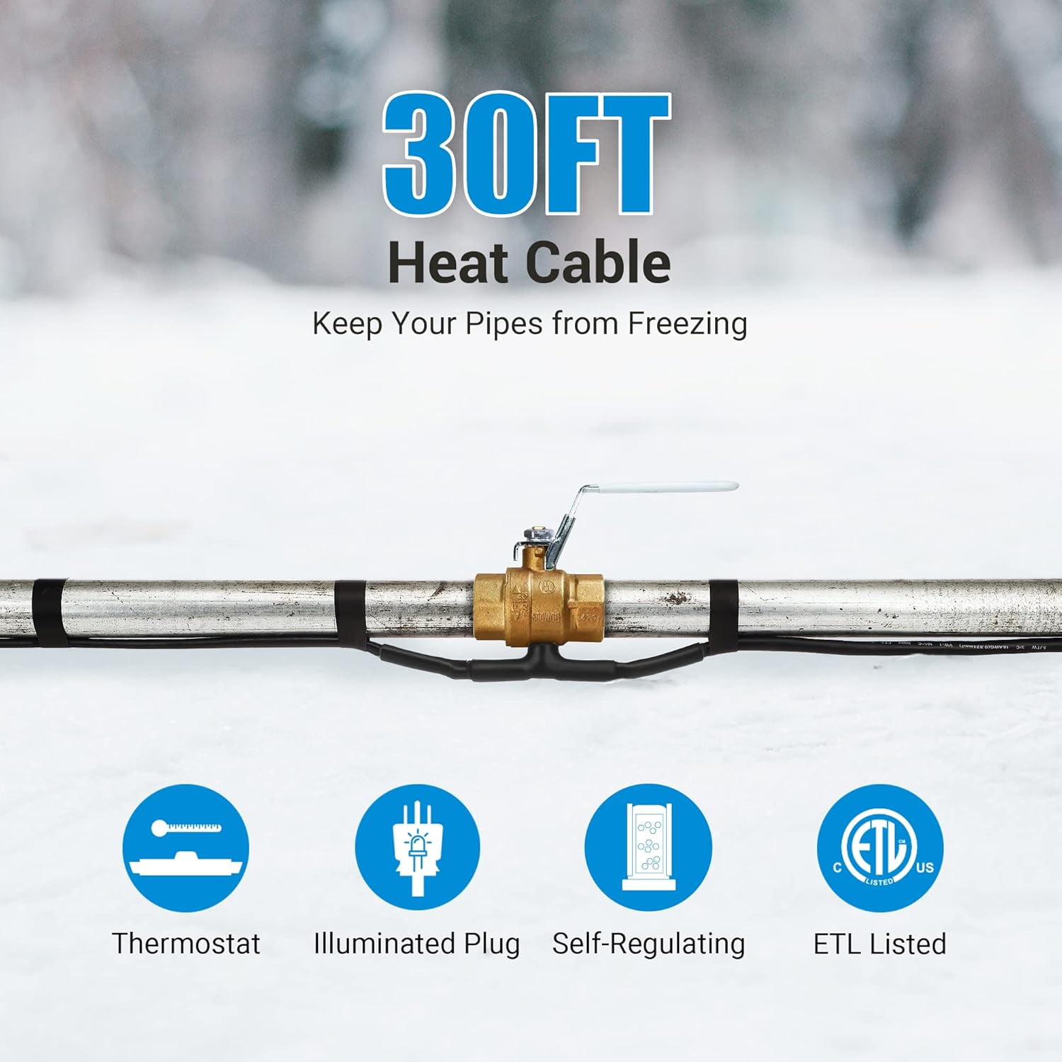 UKLL-30FT Self Regulating Pipe Heat Cable, Automatic Electric Heat Kit ...