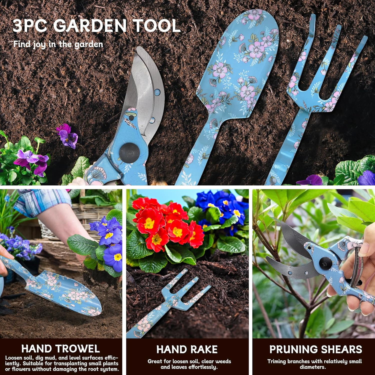 UKLL-3piece Printed Garden Tool Set, Heavy Duty Aluminum Gardening Tool ...