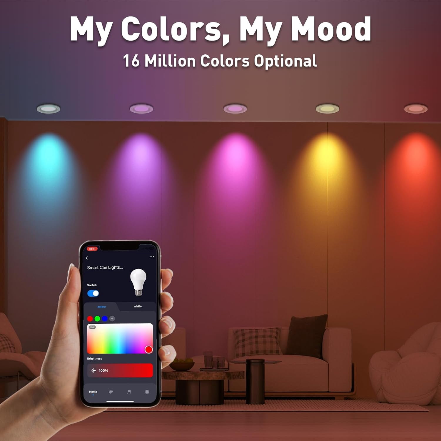 UKLL-4 Inch 1 Pack Wi-Fi RGB Color Changing LED Recessed Can Lights, 9W ...