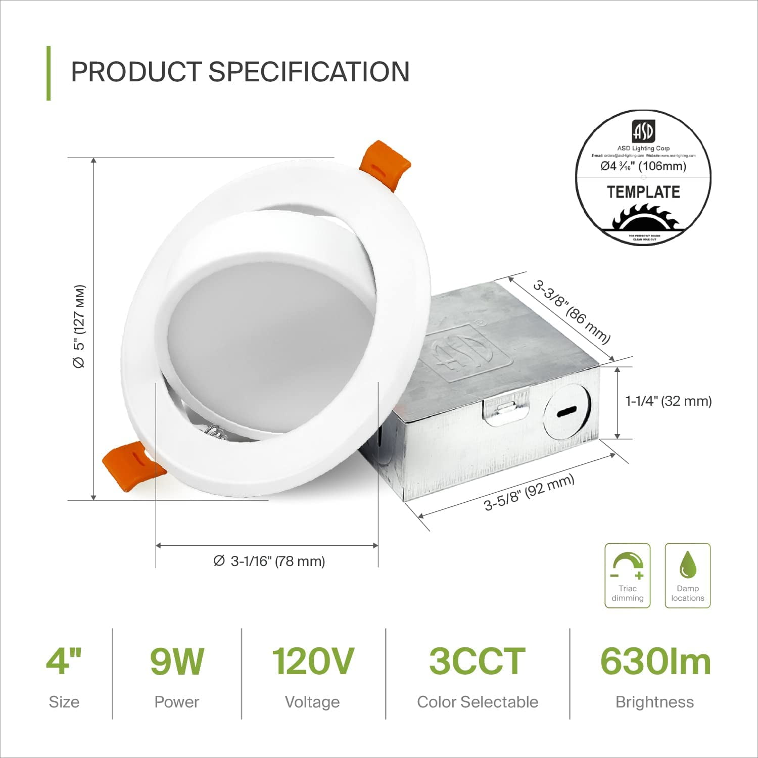 UKLL-4 Inch Gimbal LED Recessed Light with Junction Box, 9W 630Lm ...