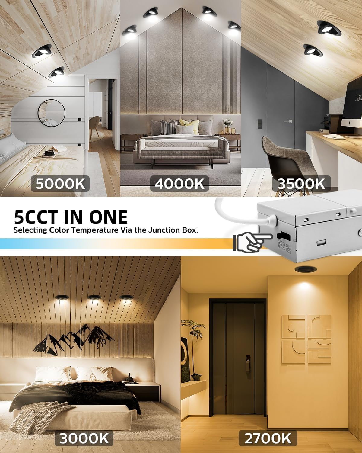 UKLL-4 inch 5CCT Gimbal Black Led Recessed Lights, 360°+90° Adjustable ...