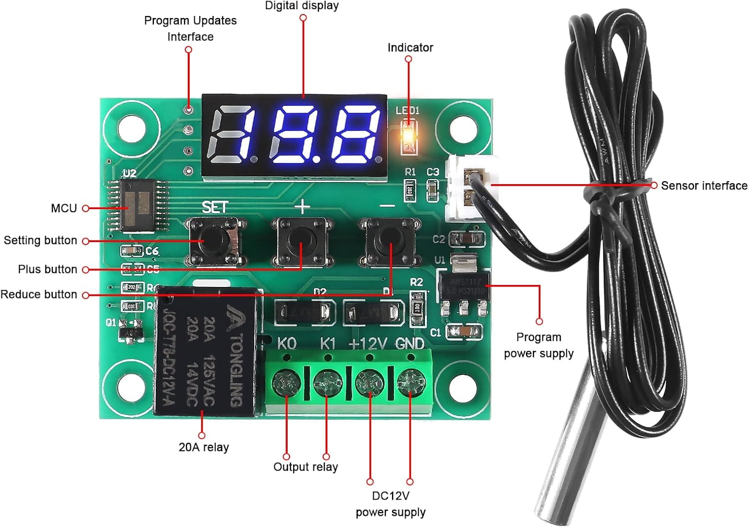 UKLL-4PCS W1209 12V DC Digital Temperature Controller Board with Case LED Display -50~110°C ...