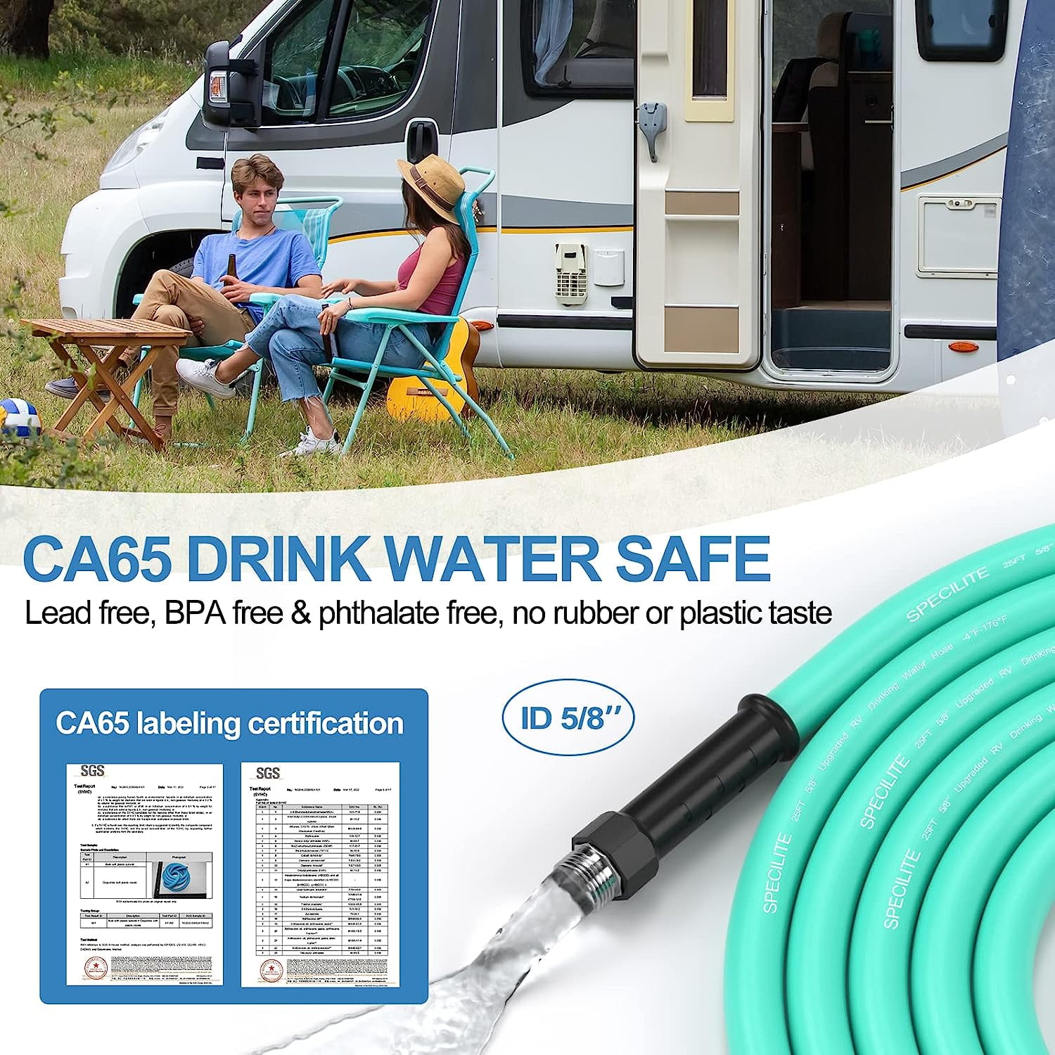 UKLL-5/8" RV Drinking Water Hose 50 FT, CA65 Certified with Aluminum Fittings, Kink & Tangle ...