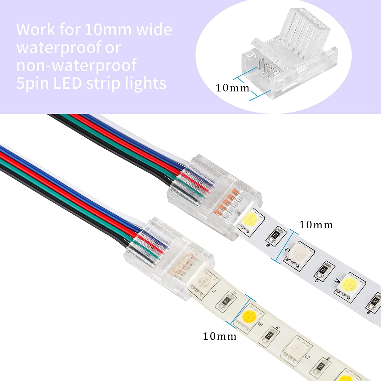 UKLL-5 Pin RGBW LED Strip Connectors 10mm Solderless 10 Pcs with 16.4ft ...