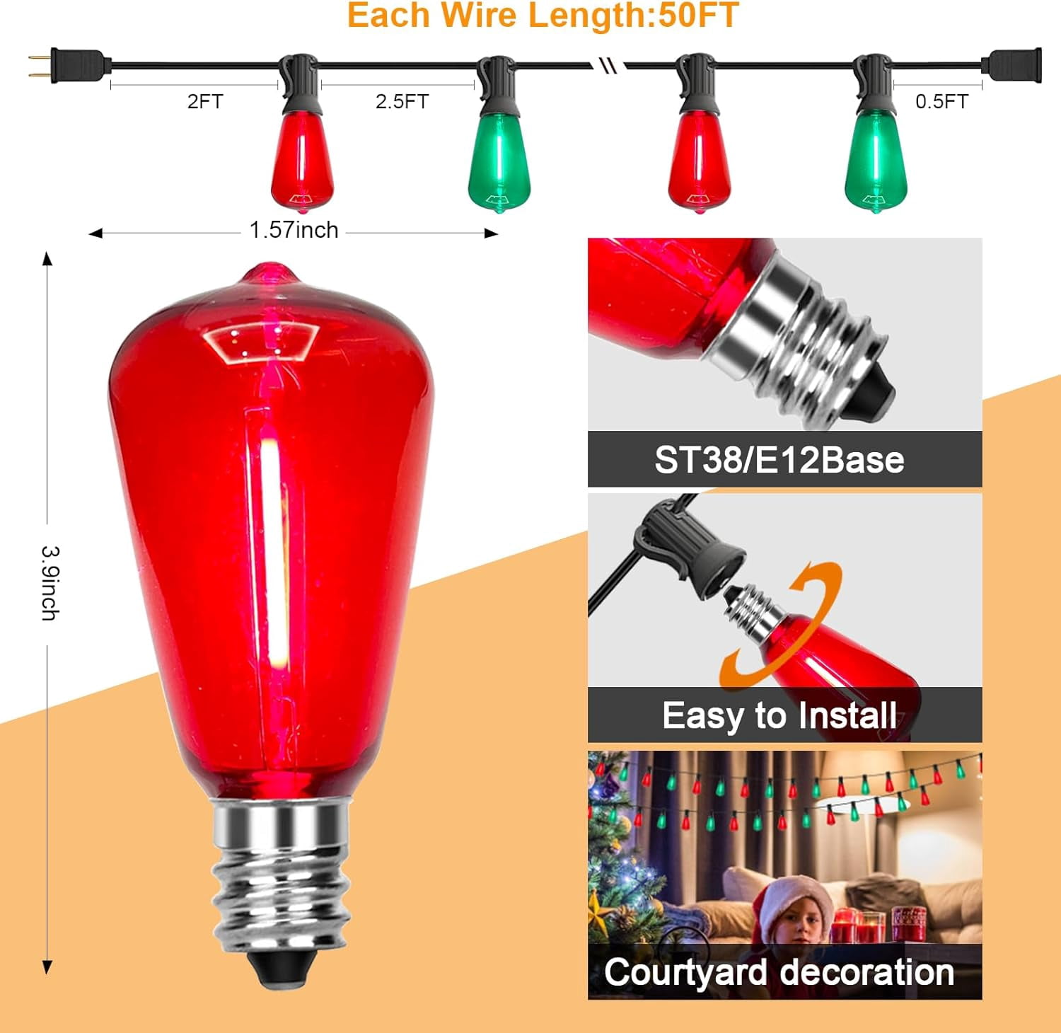 UKLL-50Ft Outdoor Multicolor String Lights, LED Dimmable Christmas Red ...