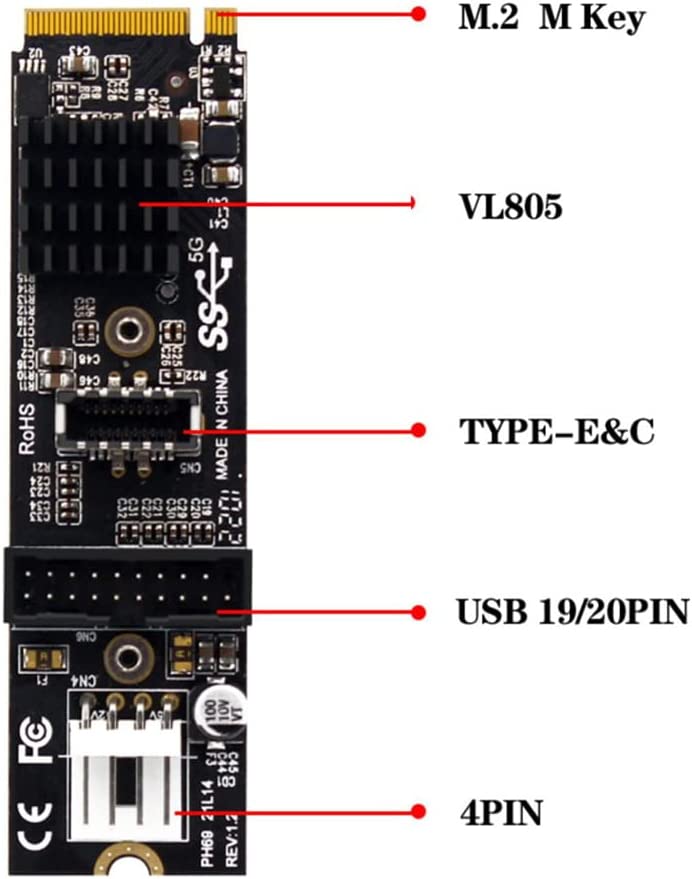 UKLL-5Gbps Type-E USB 3.1 Front Panel Socket & USB 2.0 to NVME NGFF M ...
