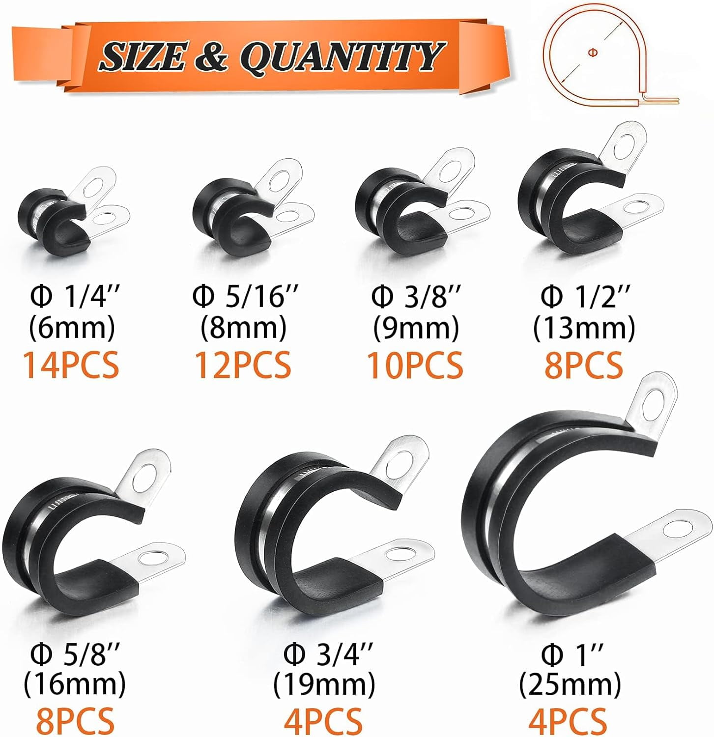 UKLL-60PCS Cable Clamps Assortment Kit, Stainless Steel Rubber Cushion ...