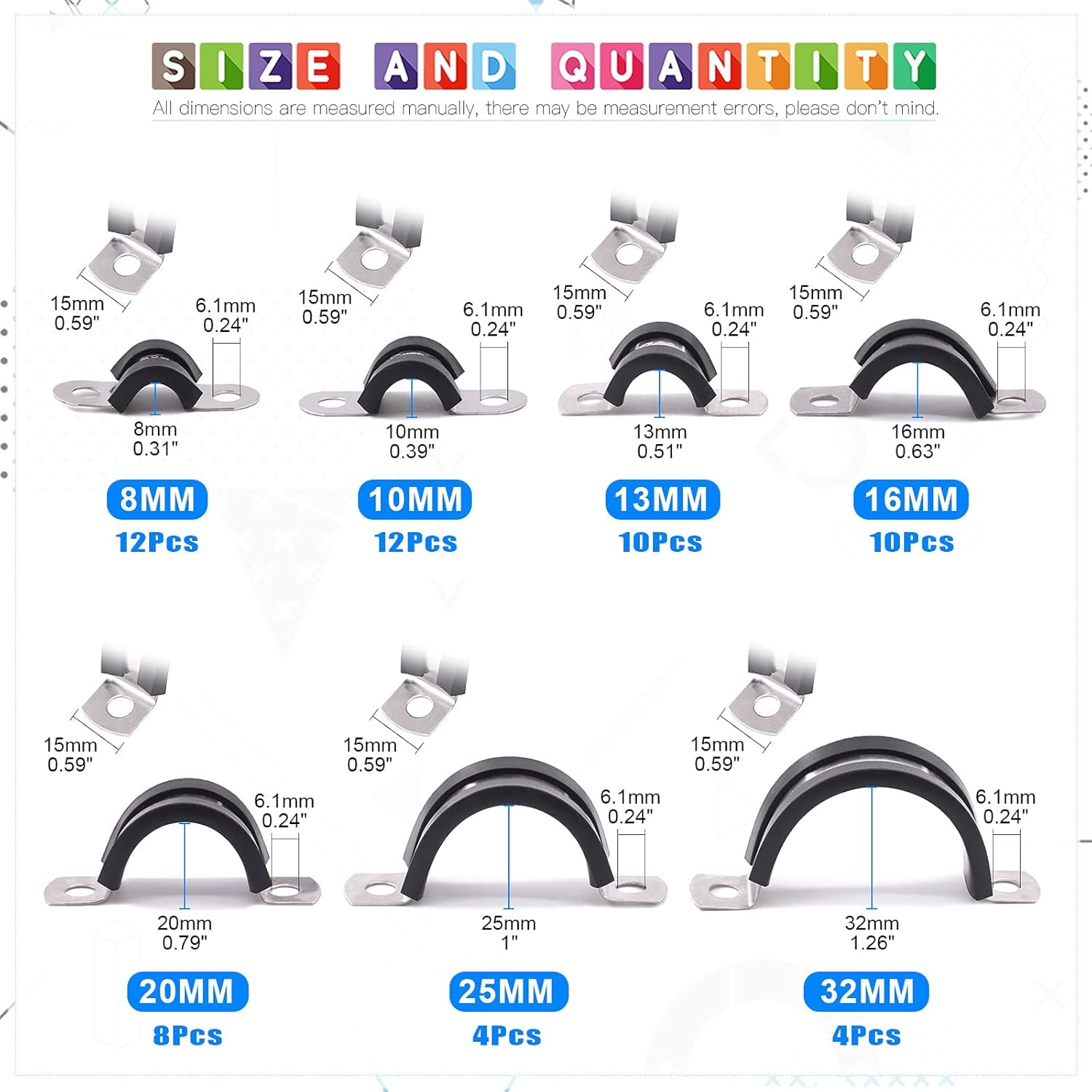 UKLL-60Pcs 8-32MM 2 Hole U-Tube Strap Clamp Set - 304 Stainless Steel ...