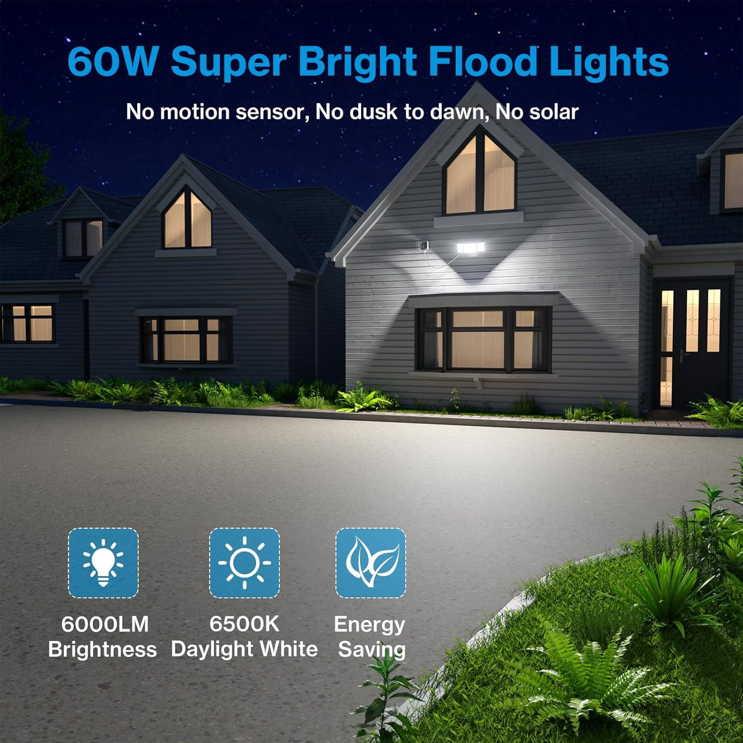 UKLL-60W Flood Lights Outdoor Plug in, Switch Controlled 6000LM LED ...