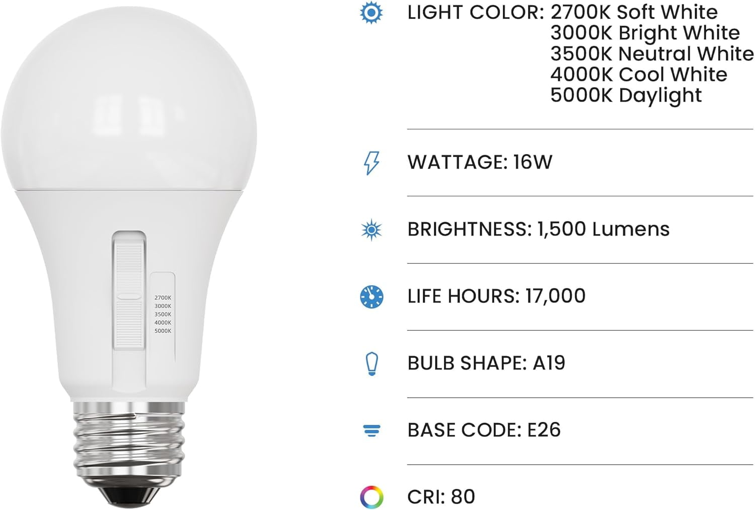 UKLL-A19 LED Light Bulb, 100W Equiv, Non-Dimmable, Selectable Color ...