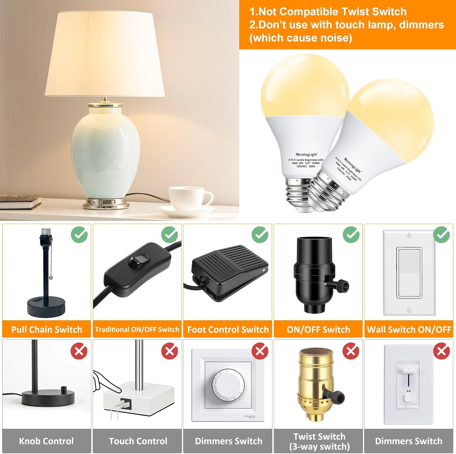 UKLL-A19 LED Light Bulbs 3000K Soft White, 9W E26 Light Bulb 3-Level ...