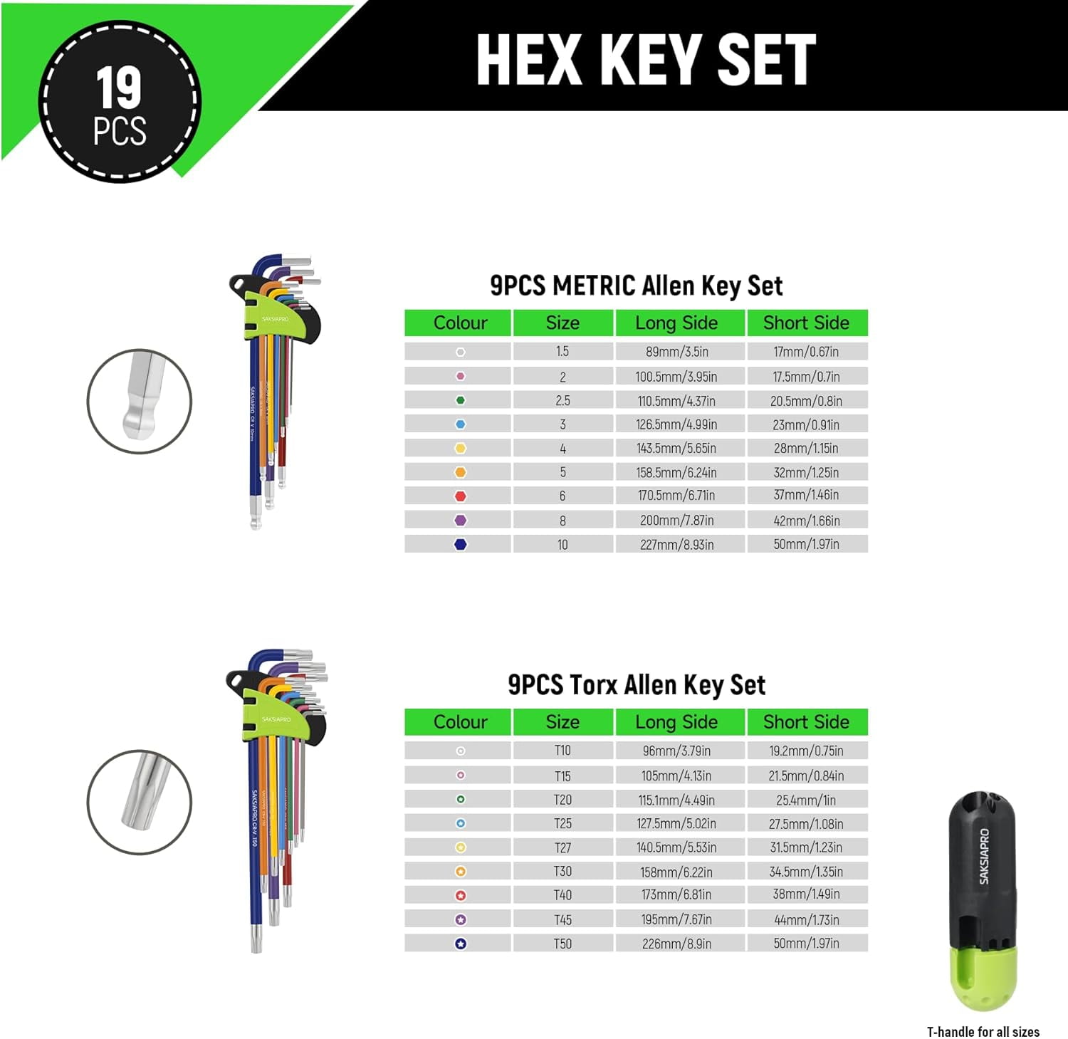 UKLL-Allen Key Set Extra Long and Ball End, 19-Piece Allen Wrench Set ...