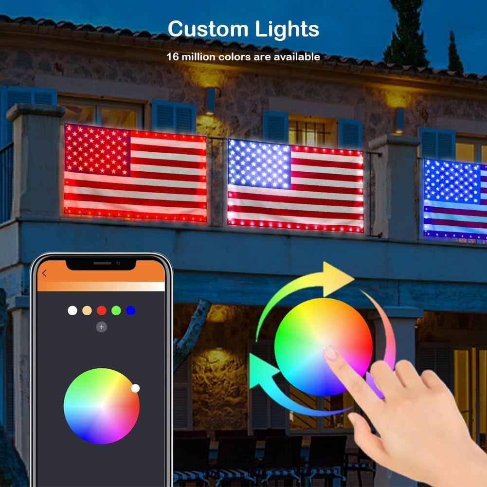 UKLL-American Flag String Lights, 3x5 FT Color Changing Patriotic USA Flag with 98 LEDs, Smart ...