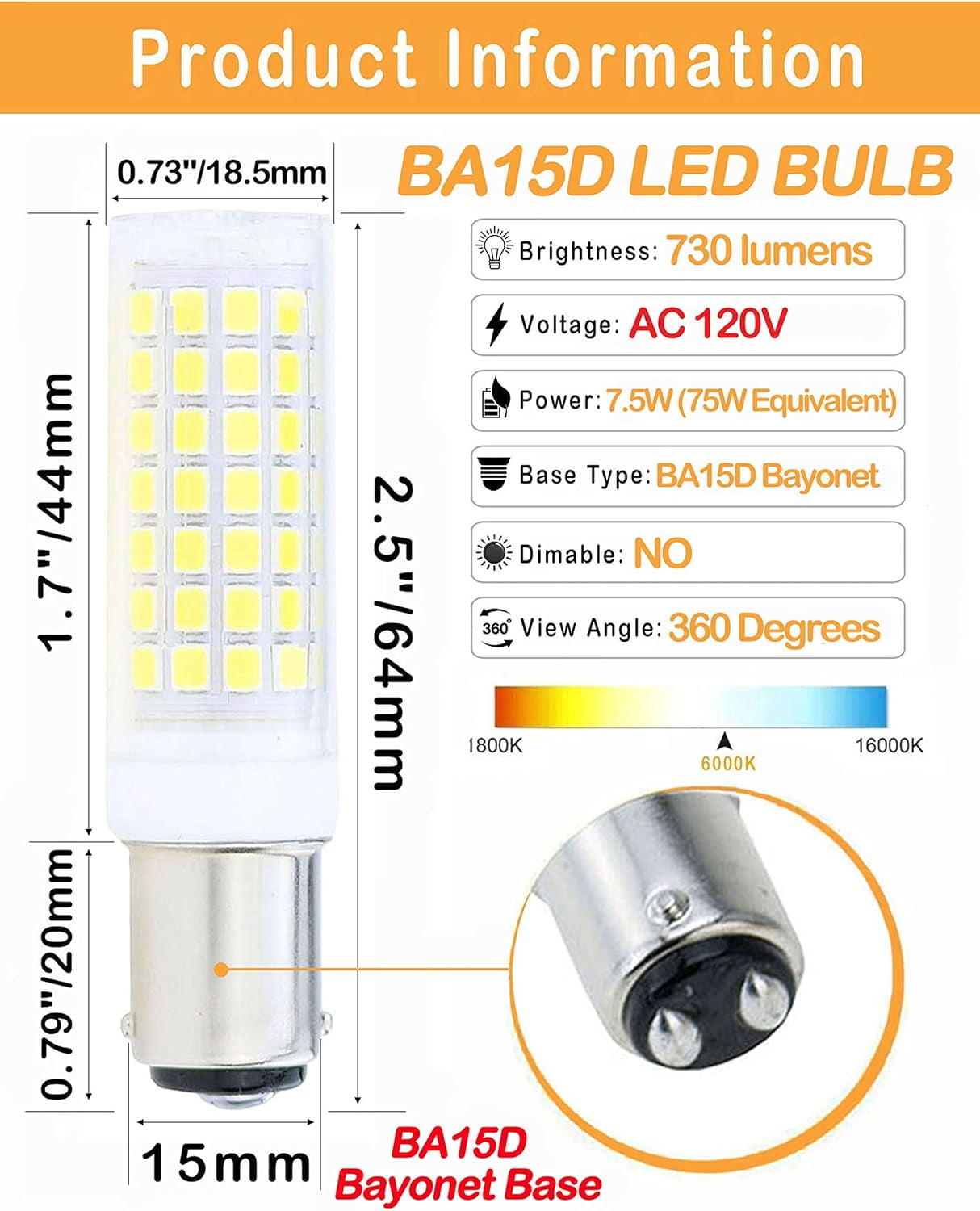 UKLL-BA15D Led Bulbs 6W Dimmable 120V,B15 Double Contact Bayonet Base ...