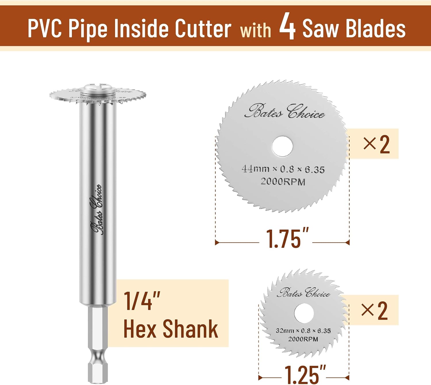 UKLL-Bates- PVC Pipe Inside Cutter with 4 Saw Blades, 1/4" Hex Shank, 1 ...
