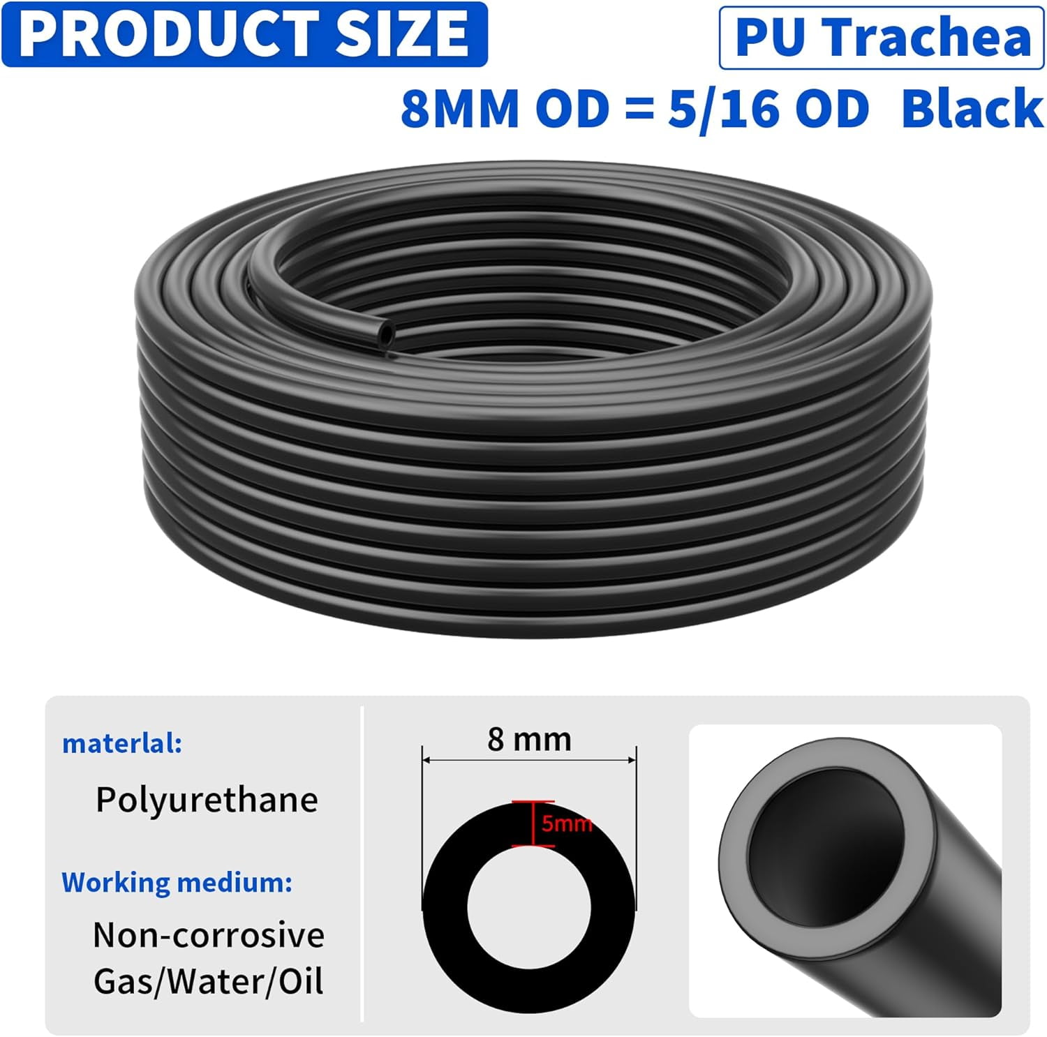 UKLL-Black 8mm Air Line Industrial PU Trachea Air Intake Hose Line Kit Fitting Tools - 10M/32 ...