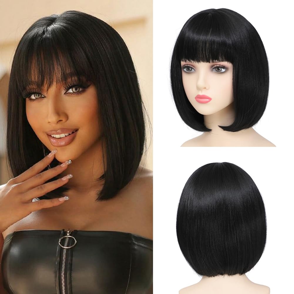 UKLL-Black Bob Wigs With Bangs 12 inch Short Straight Shoulder Length ...