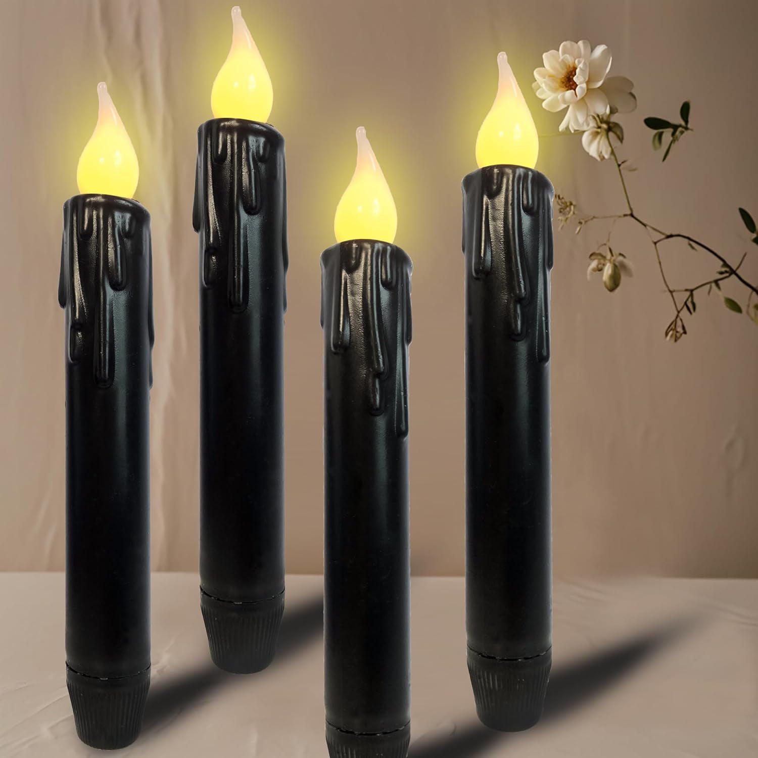 UKLL-. Black Wax Battery Operated Taper Candle Flickering Flame ...
