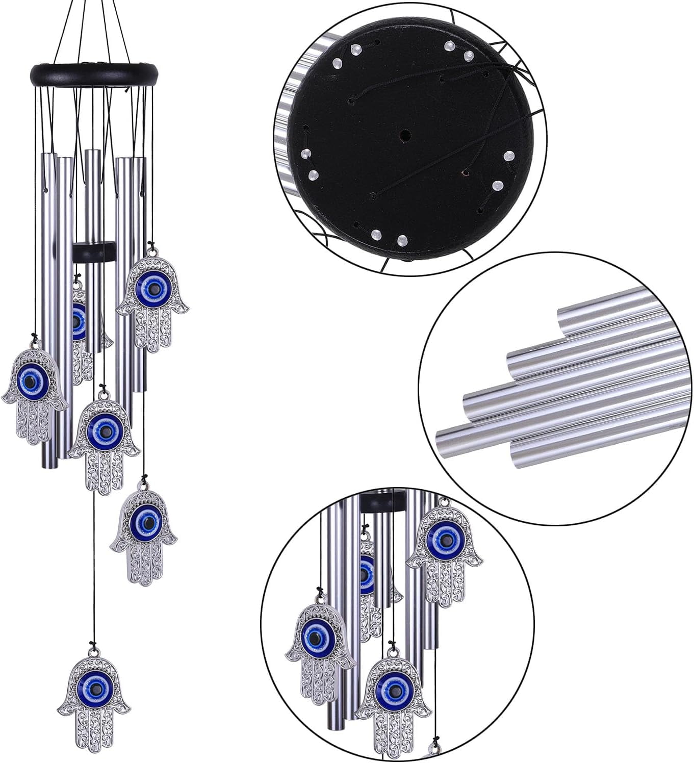 UKLL-Blue Evil Eye Hand of Fatima Wind Chimes Outdoor Decoration, Hamsa ...