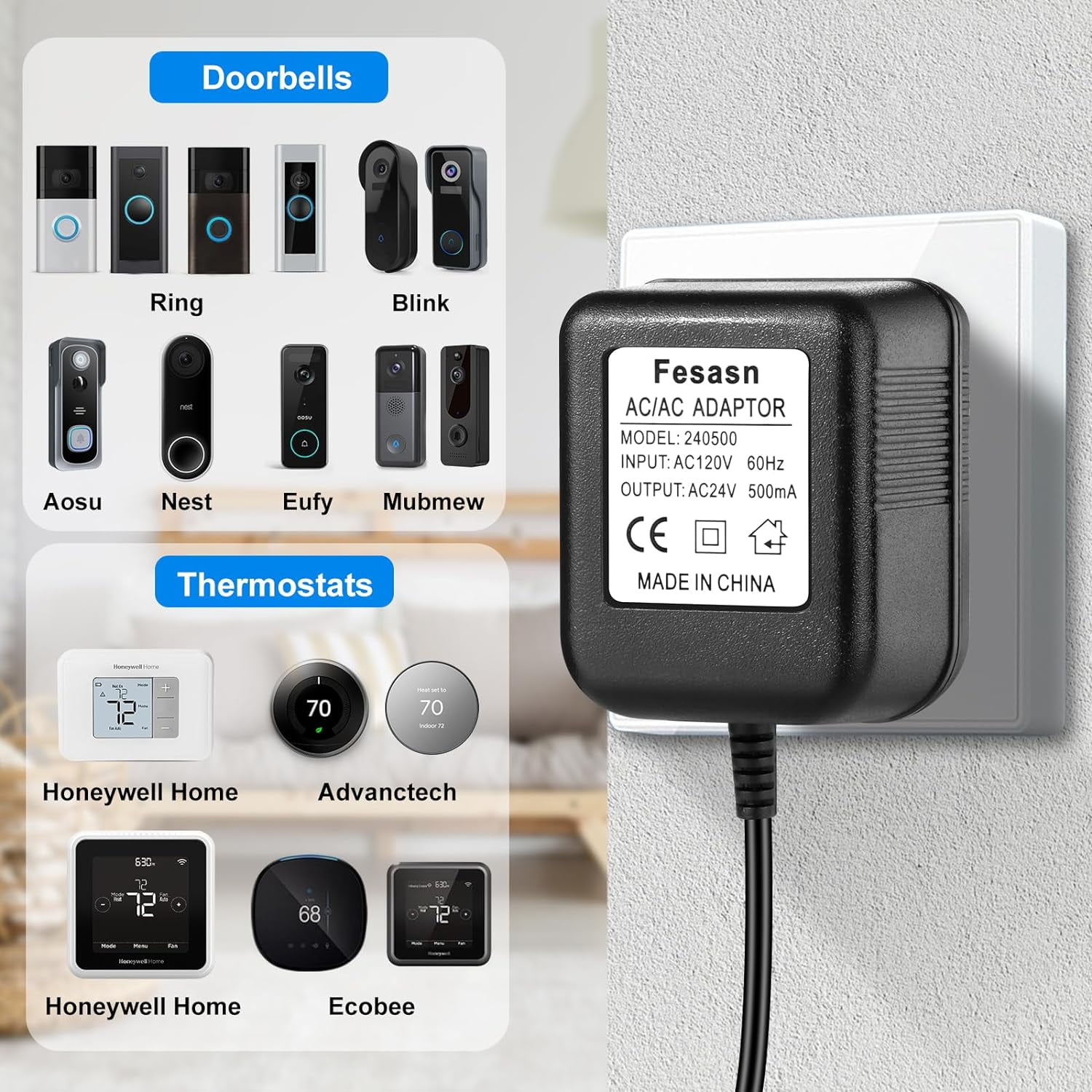 UKLL-C Wire Adapter for Smart Thermostat, 24V AC Power Supply, Fits for ...