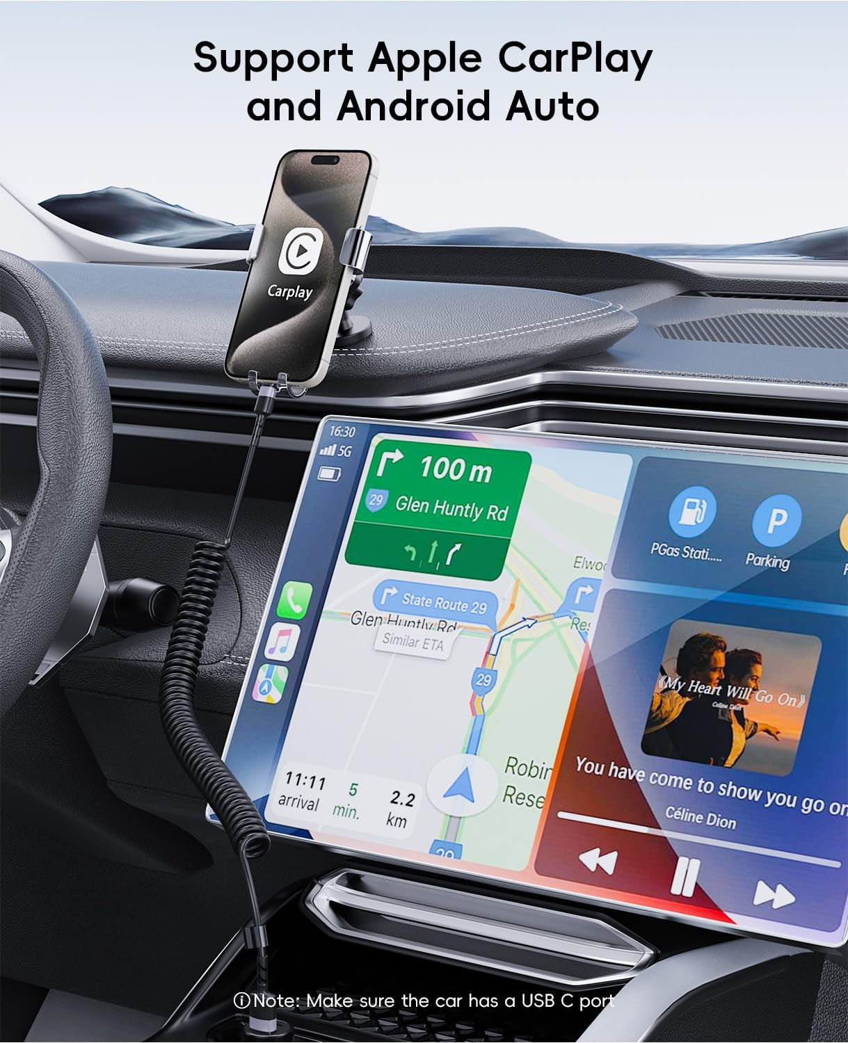 UKLL-CarPlay Cable for iPhone 16, Coiled USB A to USB C Cable, 3 FT (2 ...