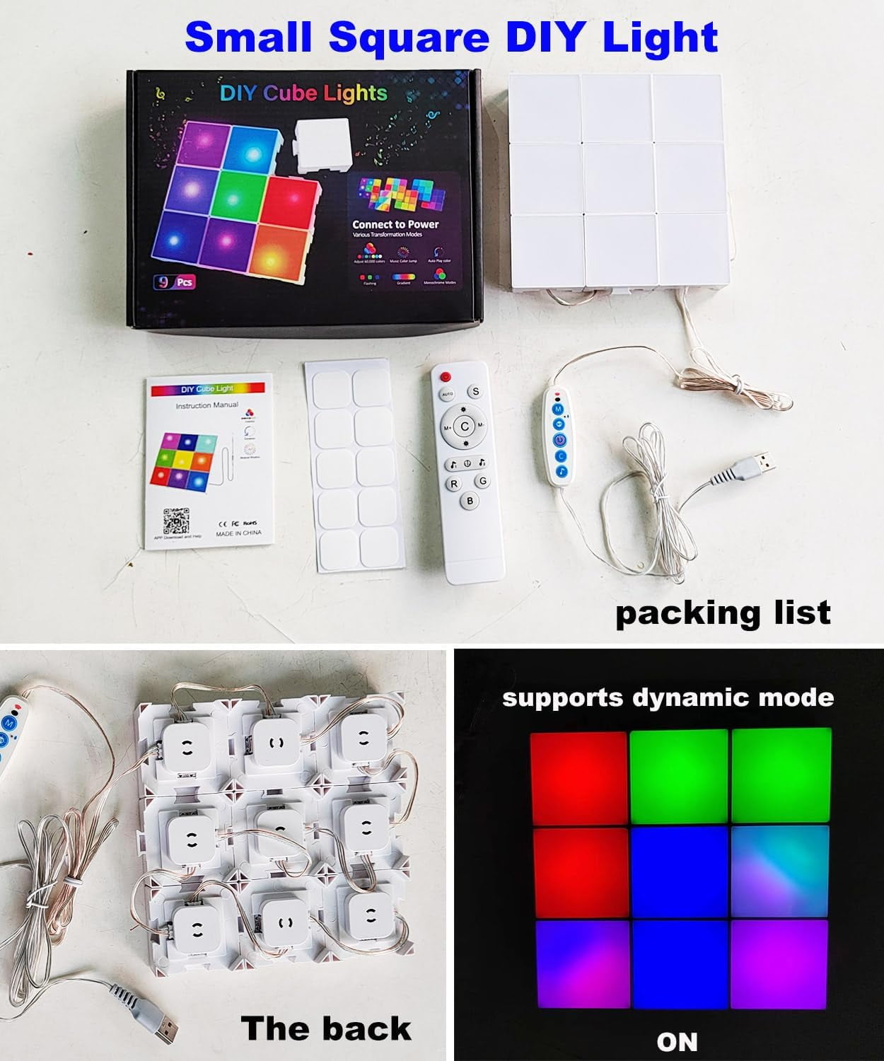 UKLL-DIY Cube Tetris Wall Lights - 9 PCS Mini Square Multicolor Effects ...
