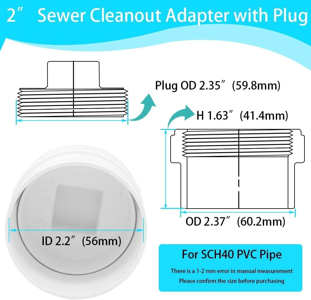 UKLL-DWV Sewer Cleanout Adapter 2" with Plug Pipe Fitting, PVC Female ...
