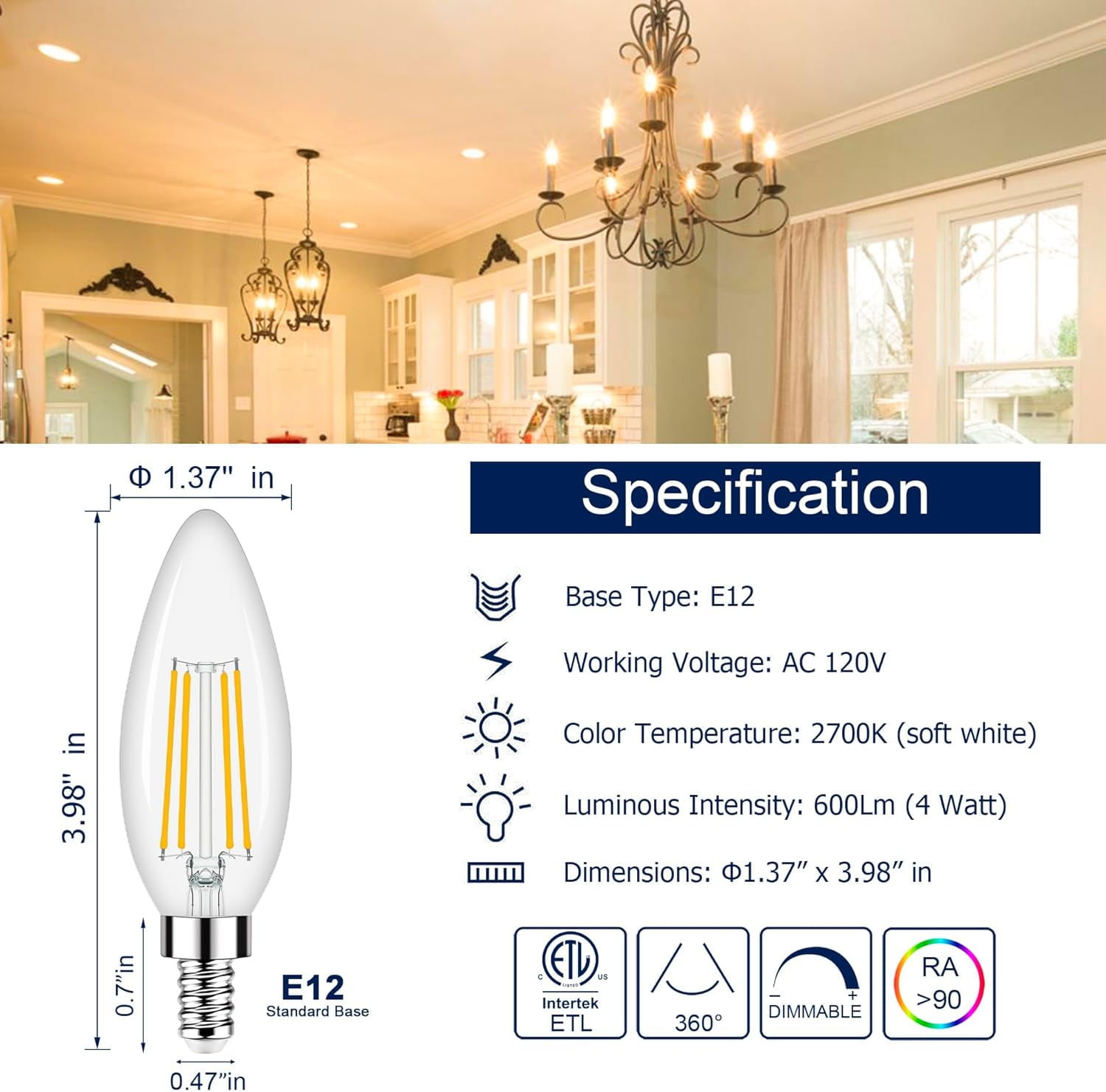 UKLL-Dimmable E12 Candelabra Led Light Bulbs, 2700k 60-Watt Equivalent ...