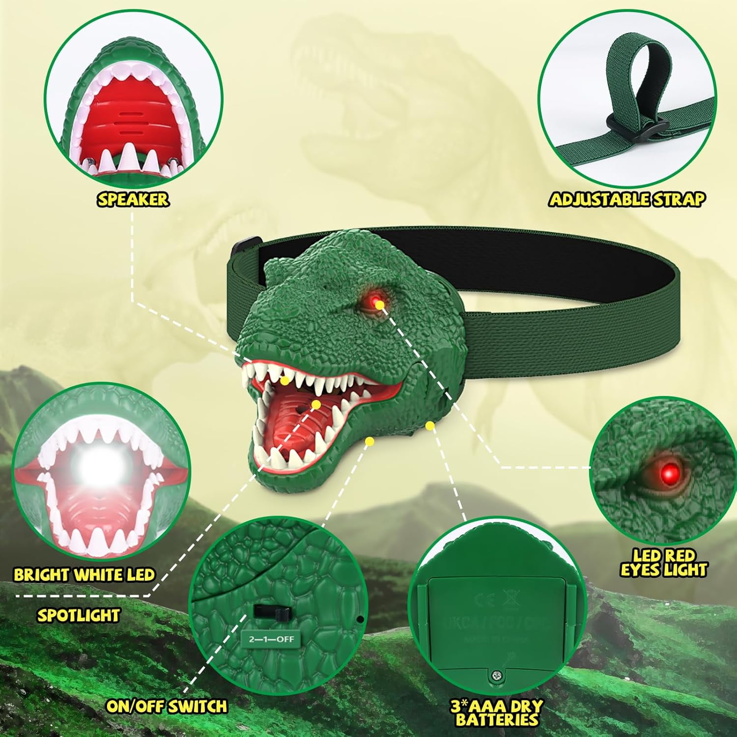 UKLL-Dinosaur Headlamp for Kids Flashlight Led Headlights Roar & Silent ...