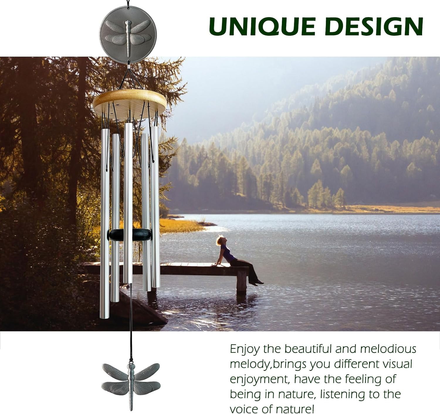 UKLL-Dragonfly Wind Chimes for Outside with Bright Silver,29 "Memorial ...