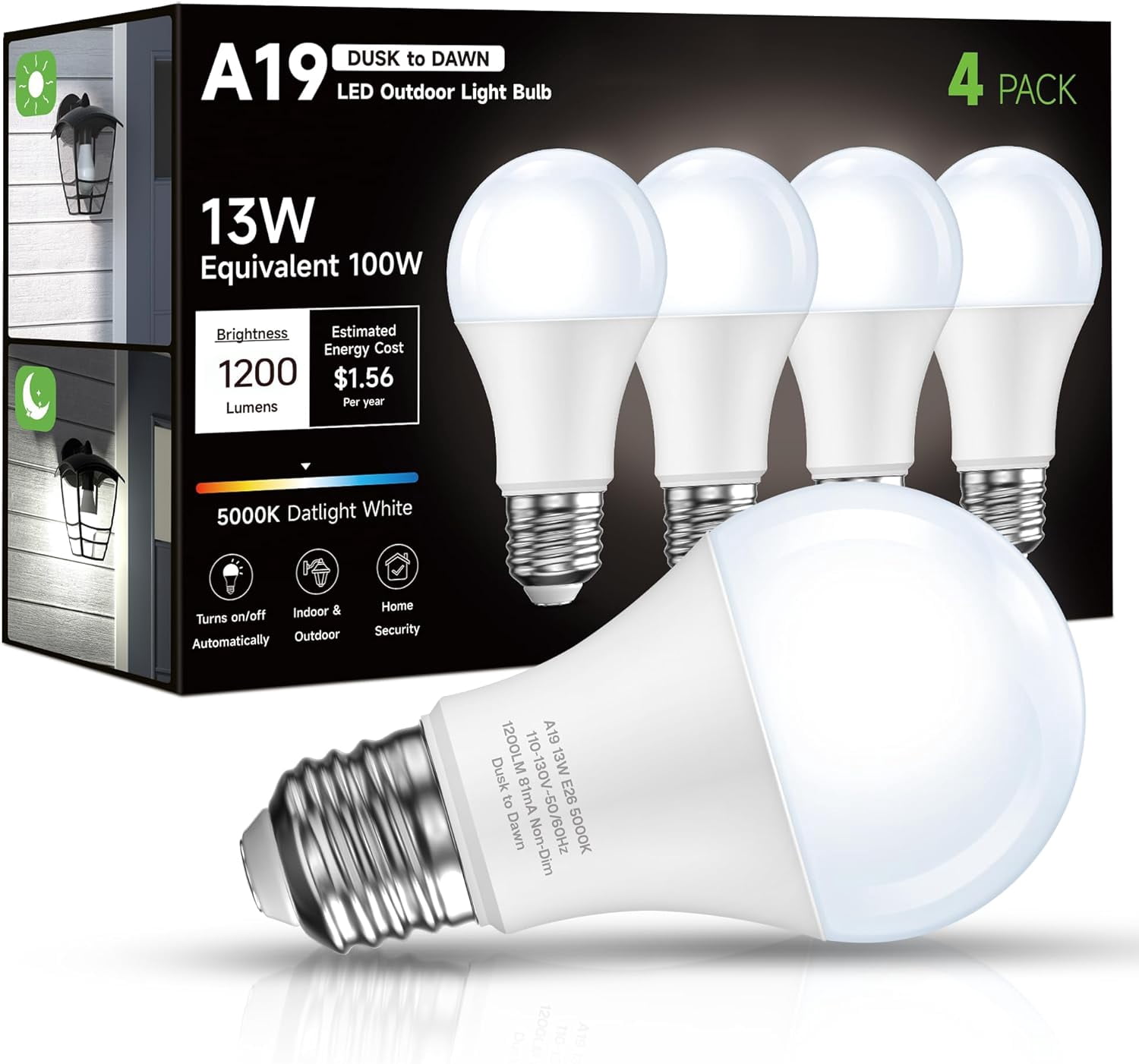 UKLL-Dusk to Dawn Sensor LED Outdoor Light Bulb, Daylight White 5000K ...