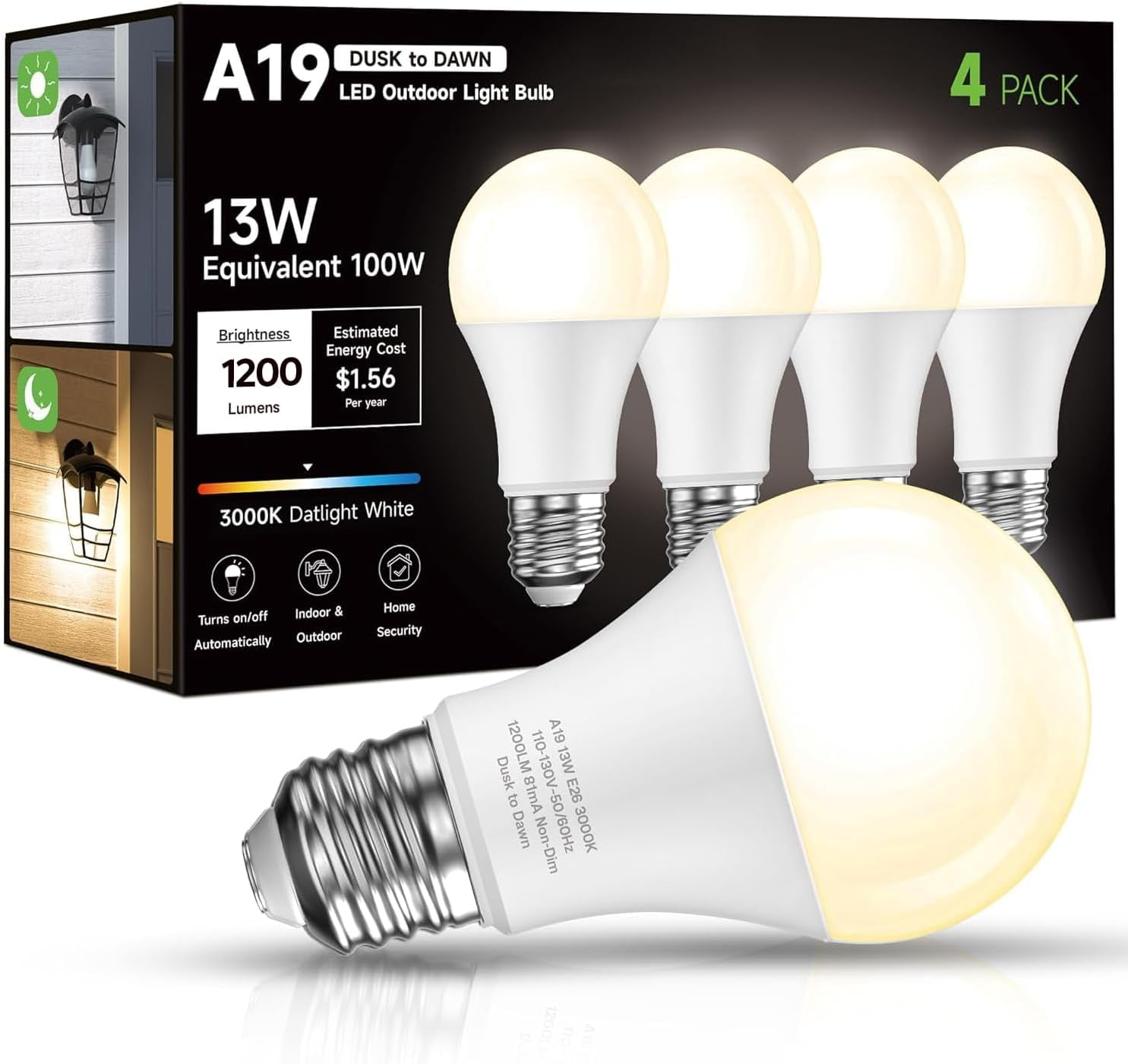 UKLL-Dusk to Dawn Sensor LED Outdoor Light Bulb, Warm White 3000K, A19 13W(100 Watt Equivalent ...