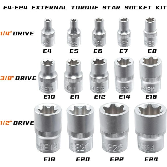 UKLL-E-Torx Socket Set, 14 Piece Female E-Torx Star Socket Set, 1/4" 3/ ...