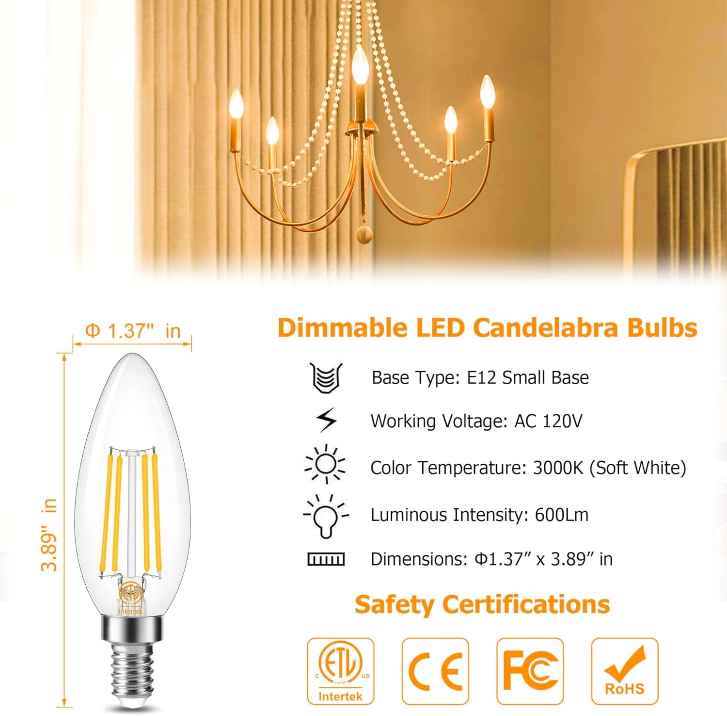 UKLL-E12 LED Bulb Dimmable 3000K Soft White, LED Candelabra Bulbs 60Watt Equivalent, Small Base ...