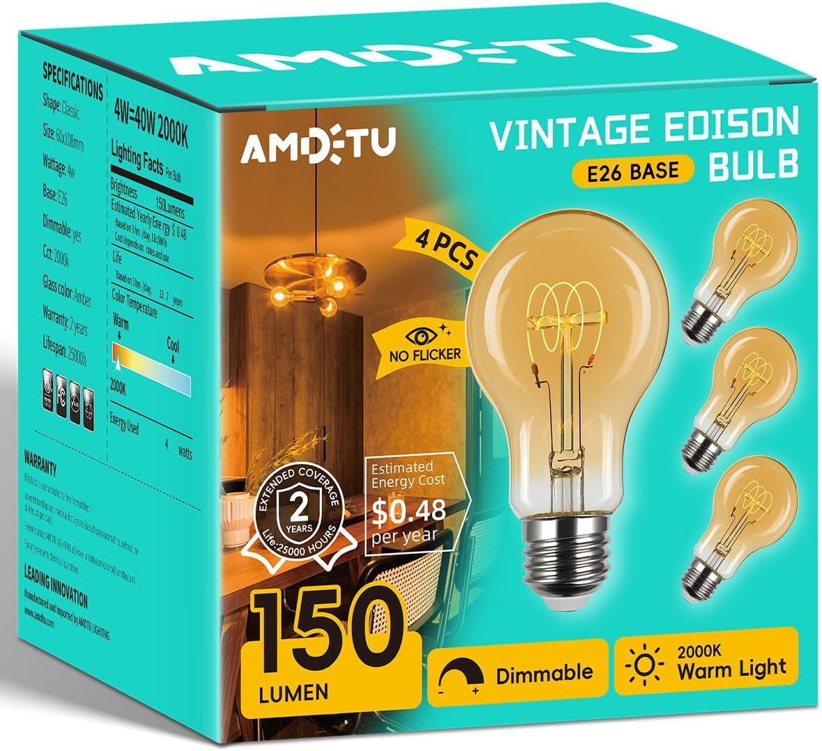 UKLL-Edison LED Bulb E26 Base 4W 150Lumen Vintage Dimmable Incandescent ...