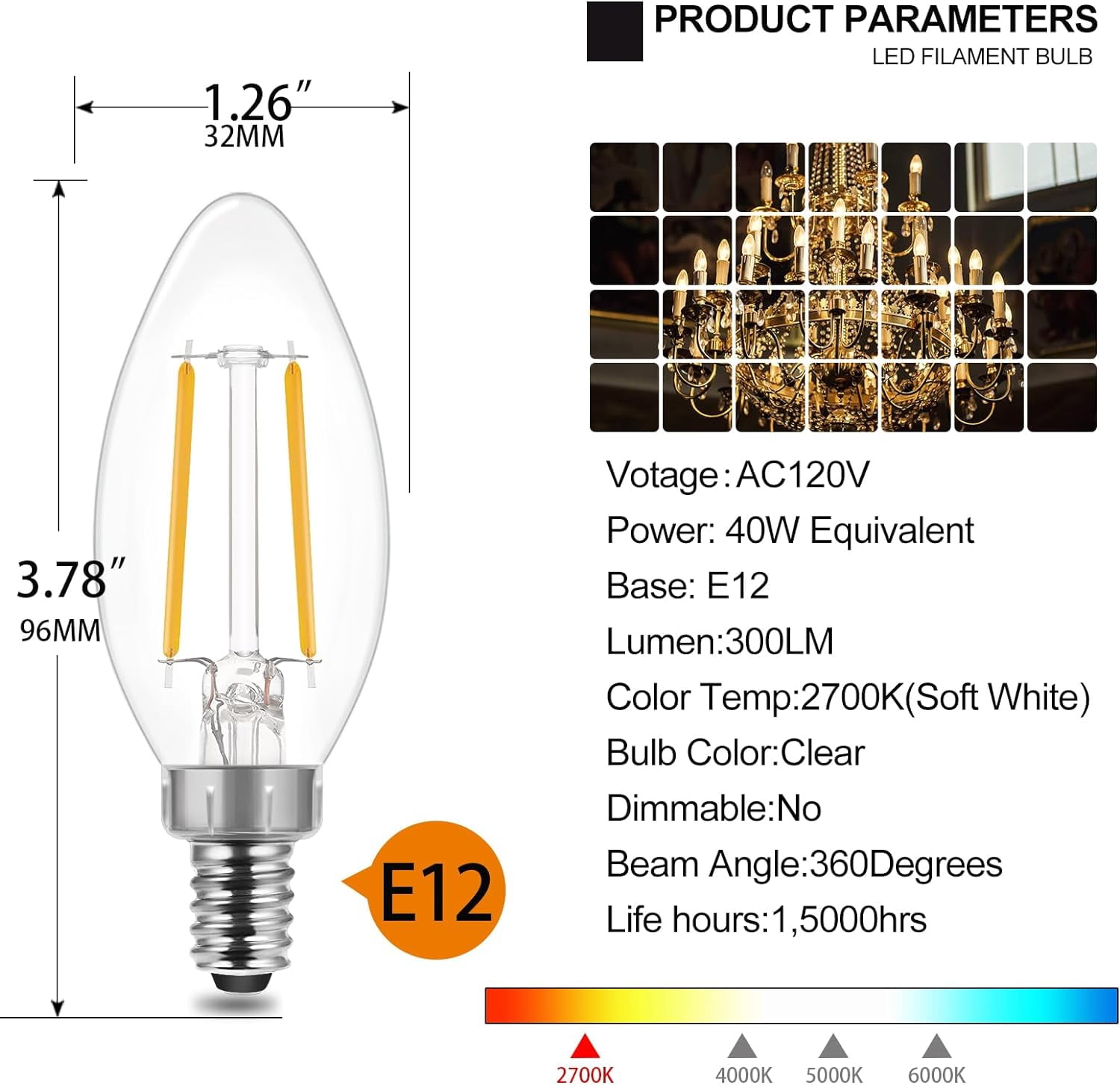 UKLL-Energetic E12 B10 LED Classic Candelabra Clear Light Bulb, 40 Watt ...