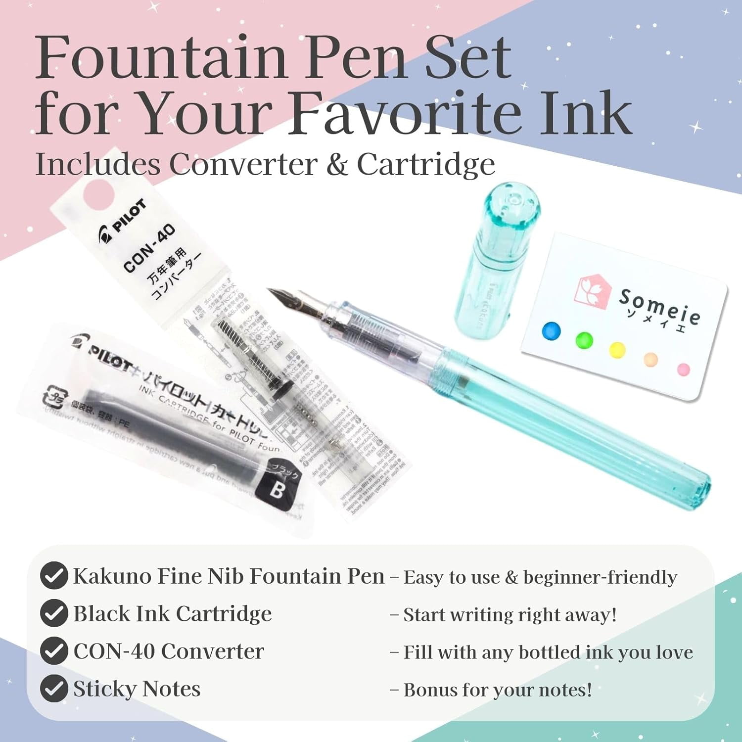UKLL-Fountain Pen Set CON-40 Converter & Kakuno Fine Nib with Black Ink ...