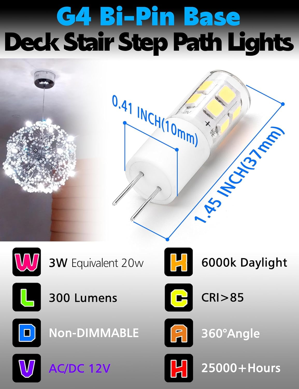UKLL-G4 RV Interior LED Bulb 3W Replace 10W/20W/30W, 12V 6000K White T3 ...