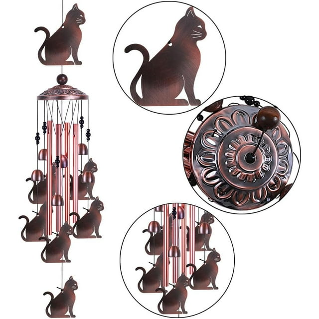 UKLL-Garden Cat Wind Chimes Outdoor Indoor Decor - with 4 Tubes 6 Bells ...