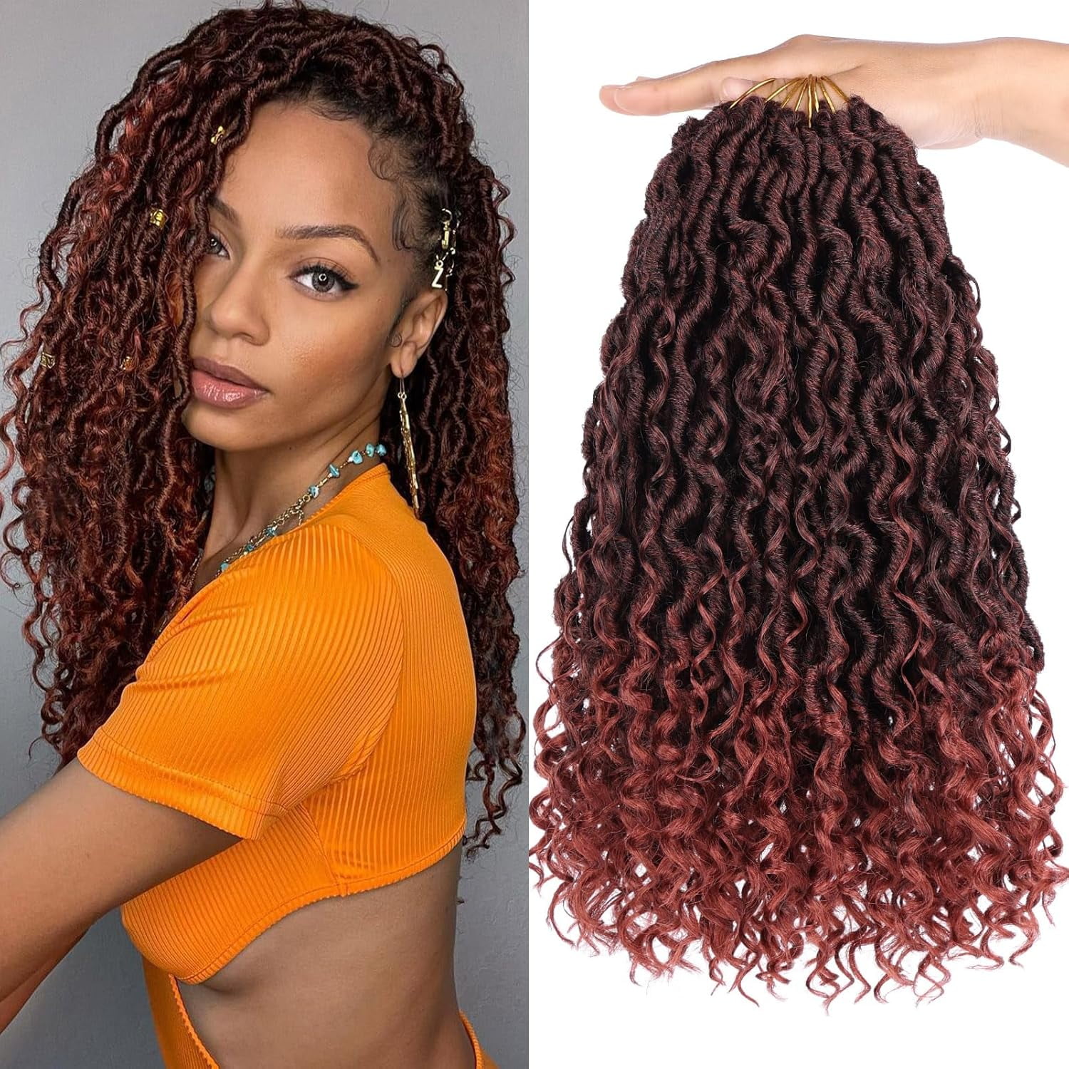 UKLL-Goddess Locs Crochet Hair 14 Inch 8 Packs Dark Ginger Curly Faux ...