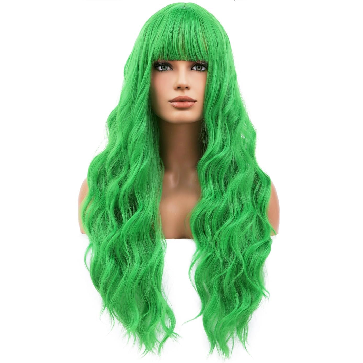 UKLL-Green Long Wigs Curly Wavy Women Wigs with Bangs Light Color Heat ...