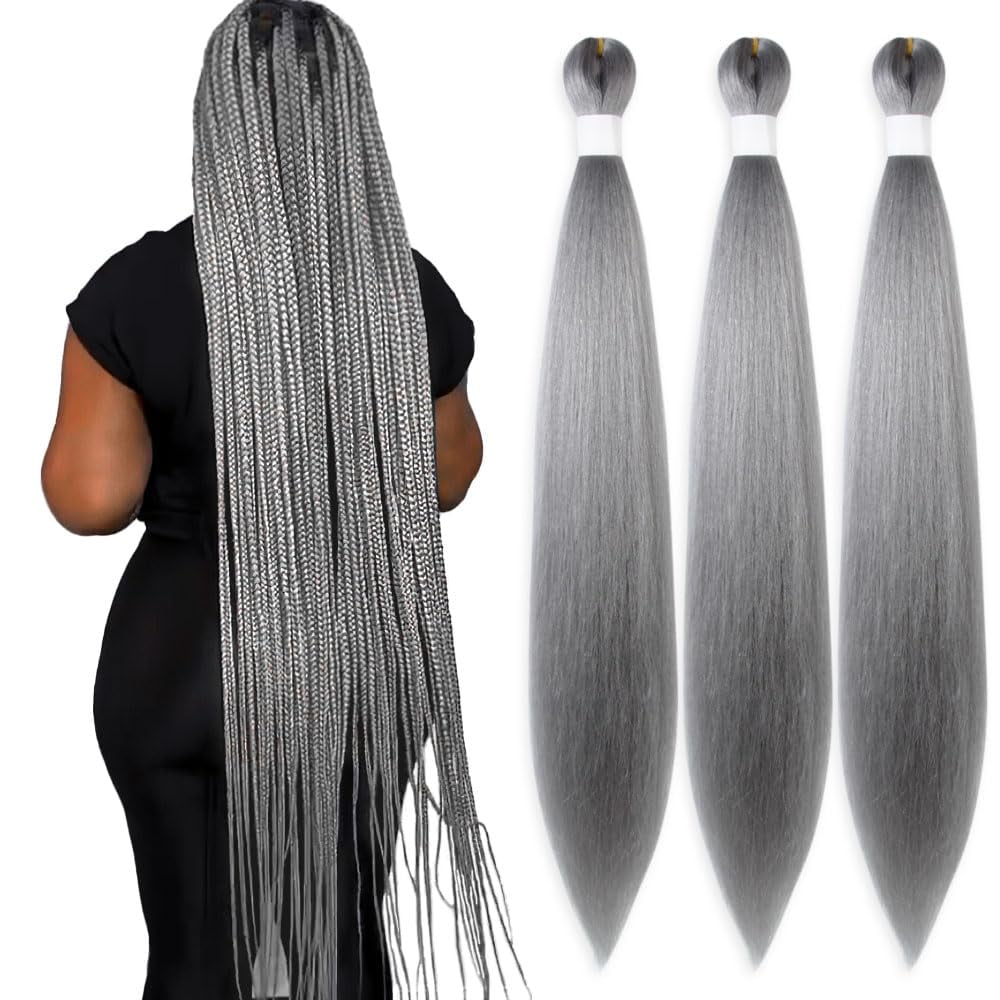 UKLL-Grey Braiding Hair 36 Inch Pre Stretched Hair Colored Long Straight Crochet Braids Yaki ...