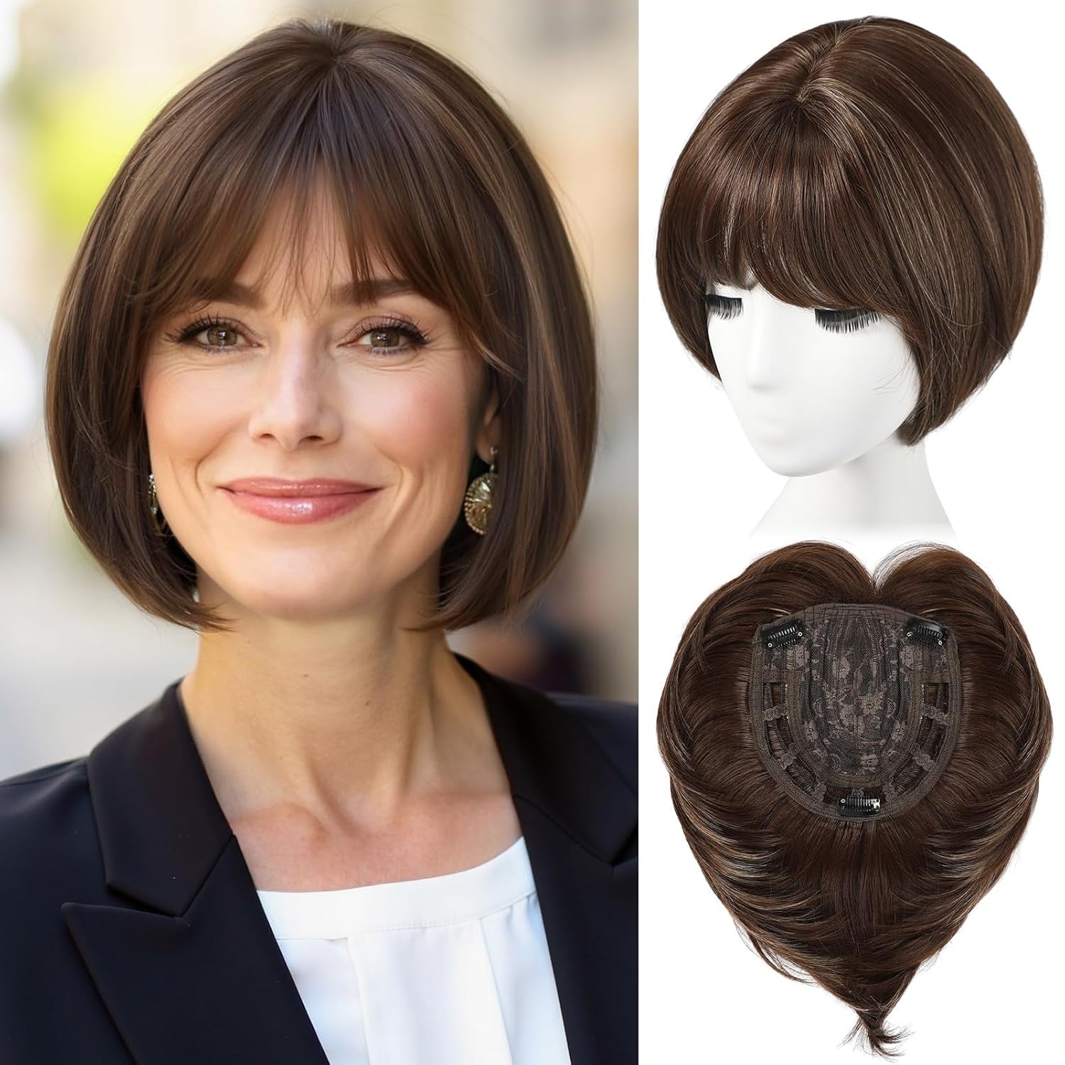 UKLL-Hair Toppers for Women Short Bob Synthetic Hair Pieces with Bangs ...