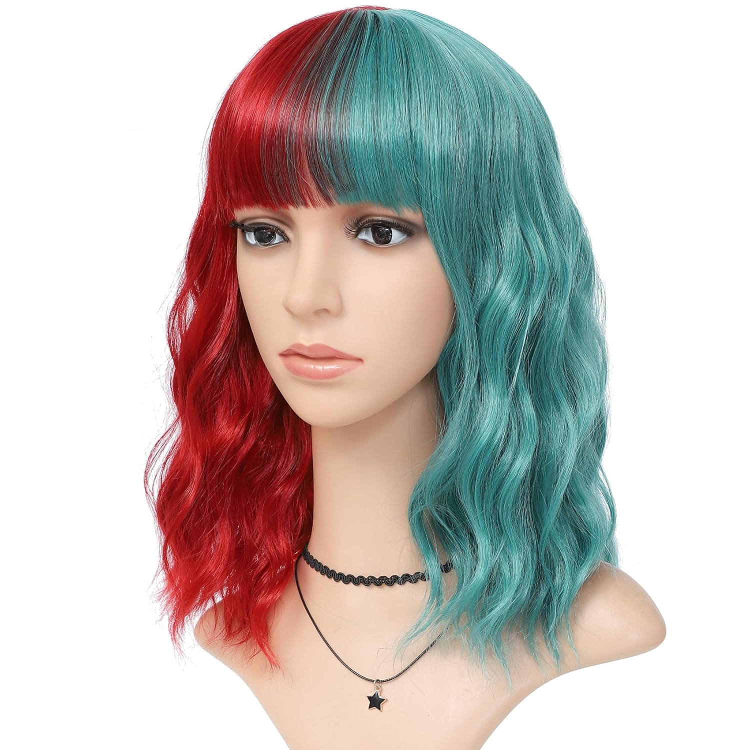 UKLL-Half Red and Half Green Wig with Bangs for Women, Short Wavy Curly ...