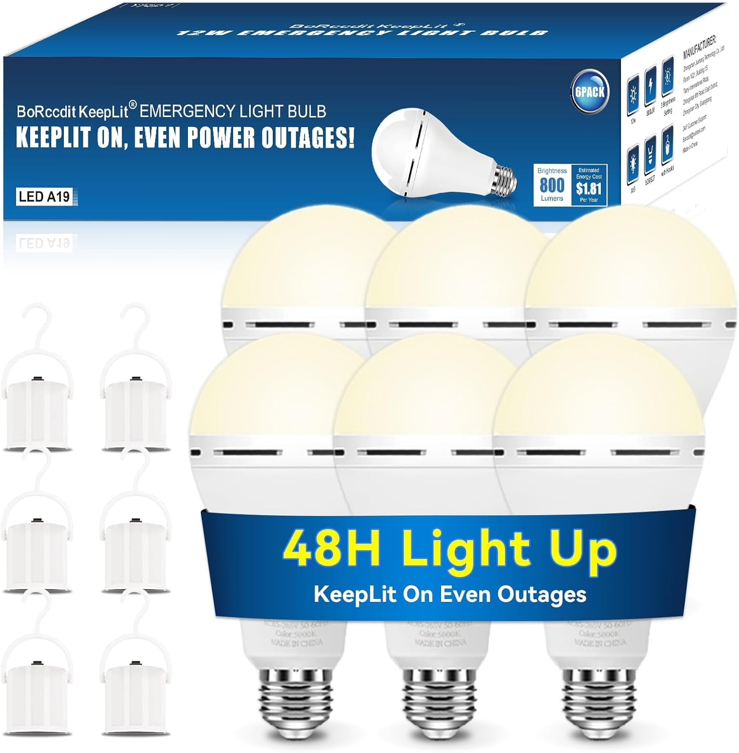 UKLL-KeepLit 6PK A19 Emergency Rechargeable Light Bulbs, 48H Light Up ...