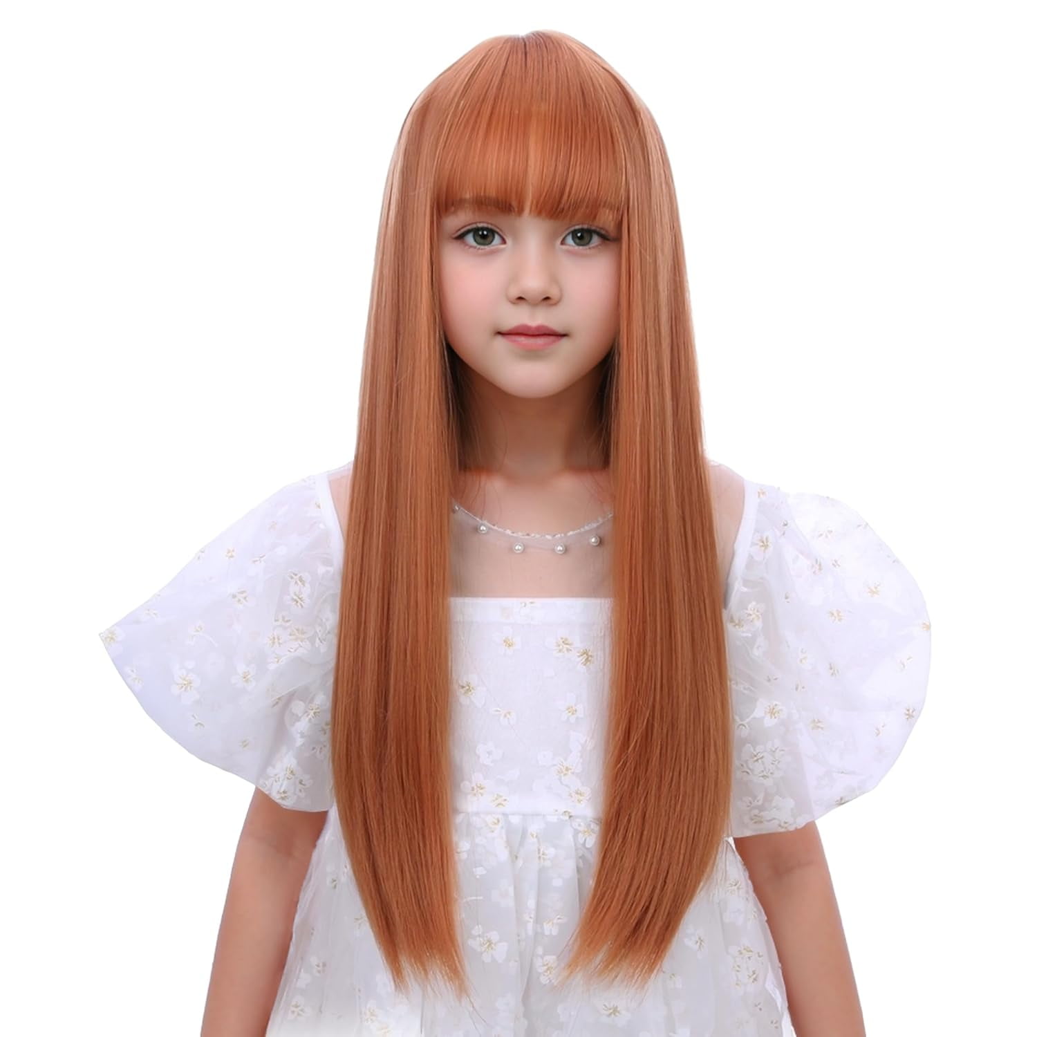 UKLL-Kids Anburn Wig Girls Long Orange Wig with Air Bangs Children Long ...
