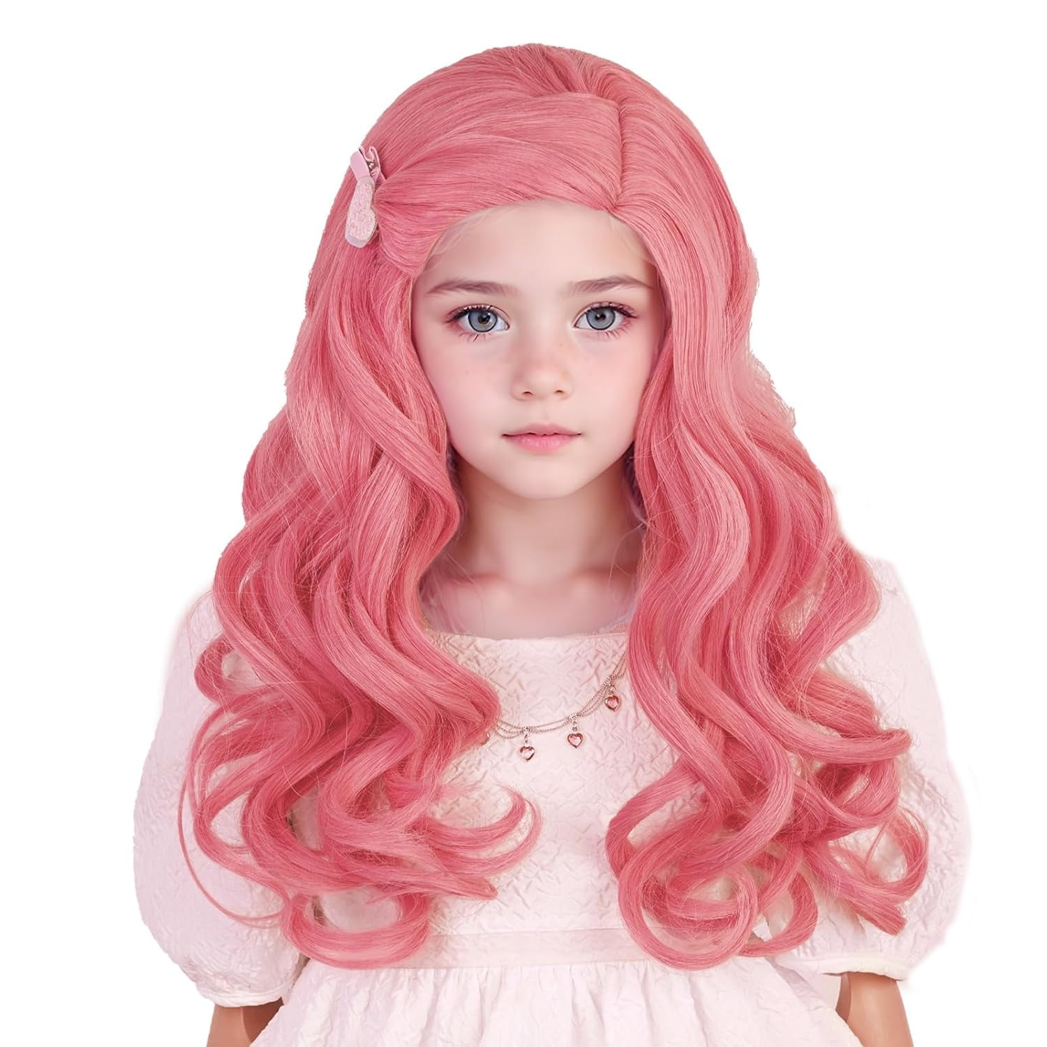UKLL-Kids Long Pink Curly Wig with Heart Hair and Necklaces for Cosplay ...