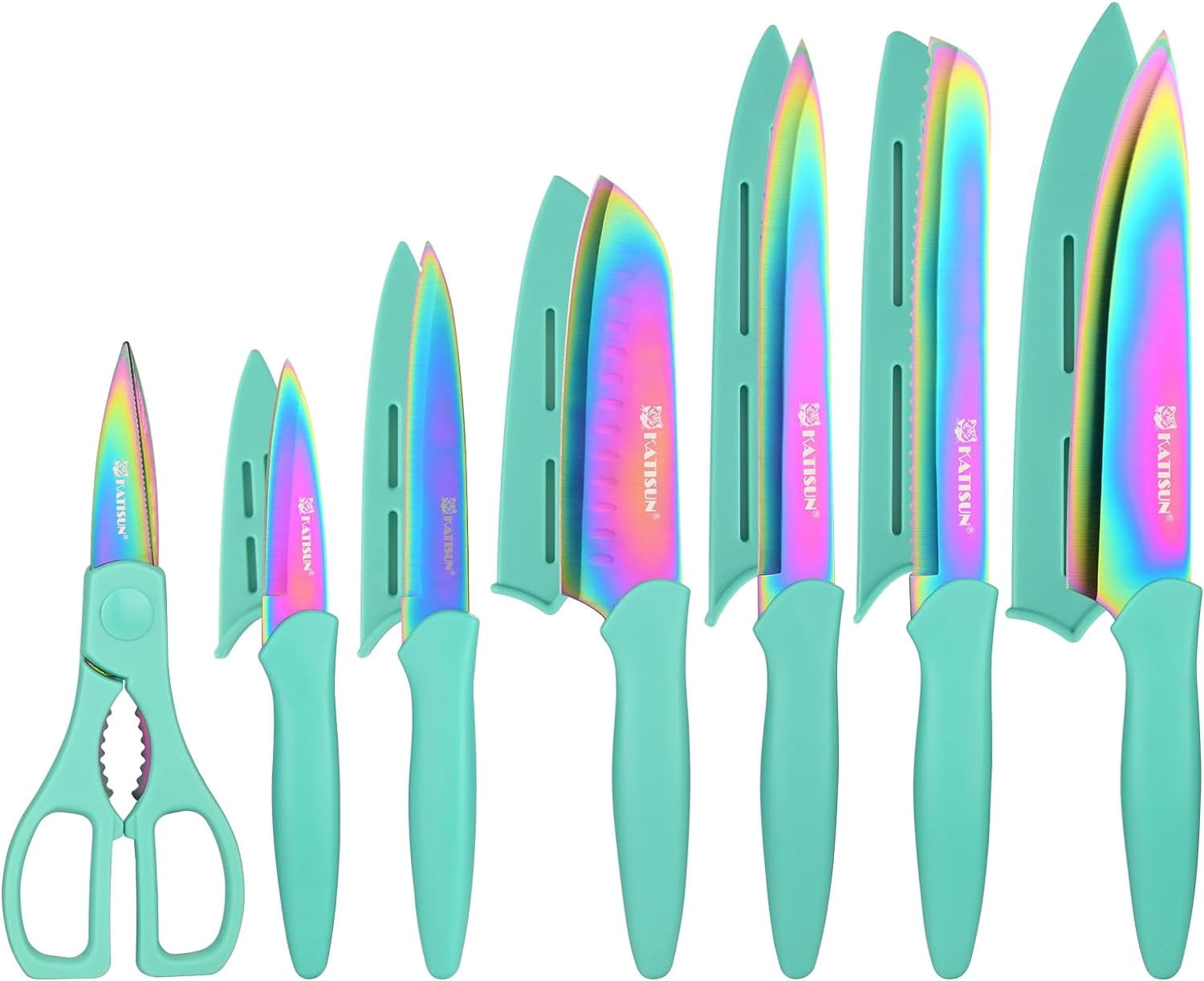 UKLL-Kitchen Knife Set with Guards, 13 Piece Rainbow Titanium Coated ...
